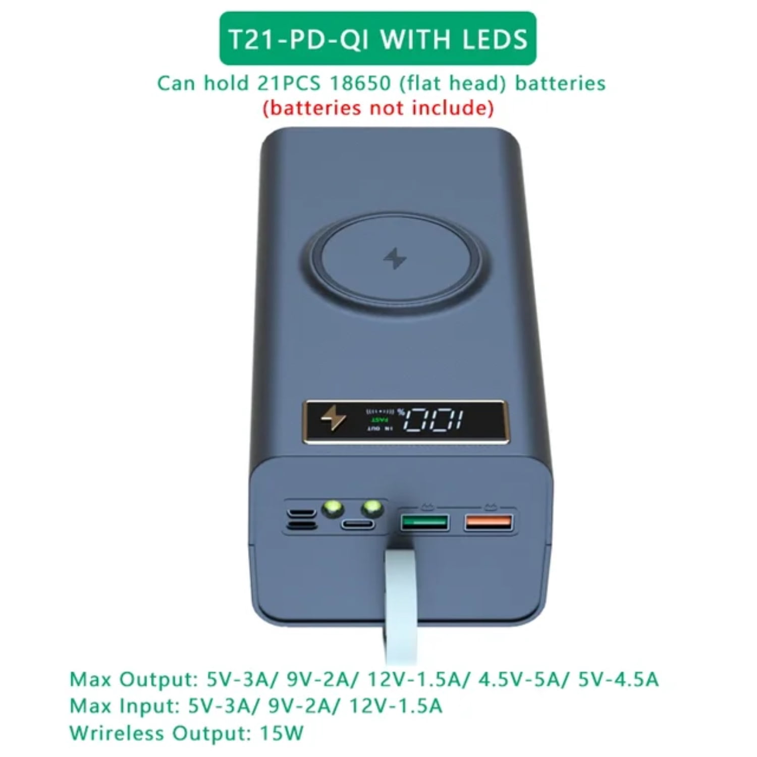 LNJLAN 15W Wireless Fast Charge 21*18650 Powerbank Case PD3.0 QC4.0 ...