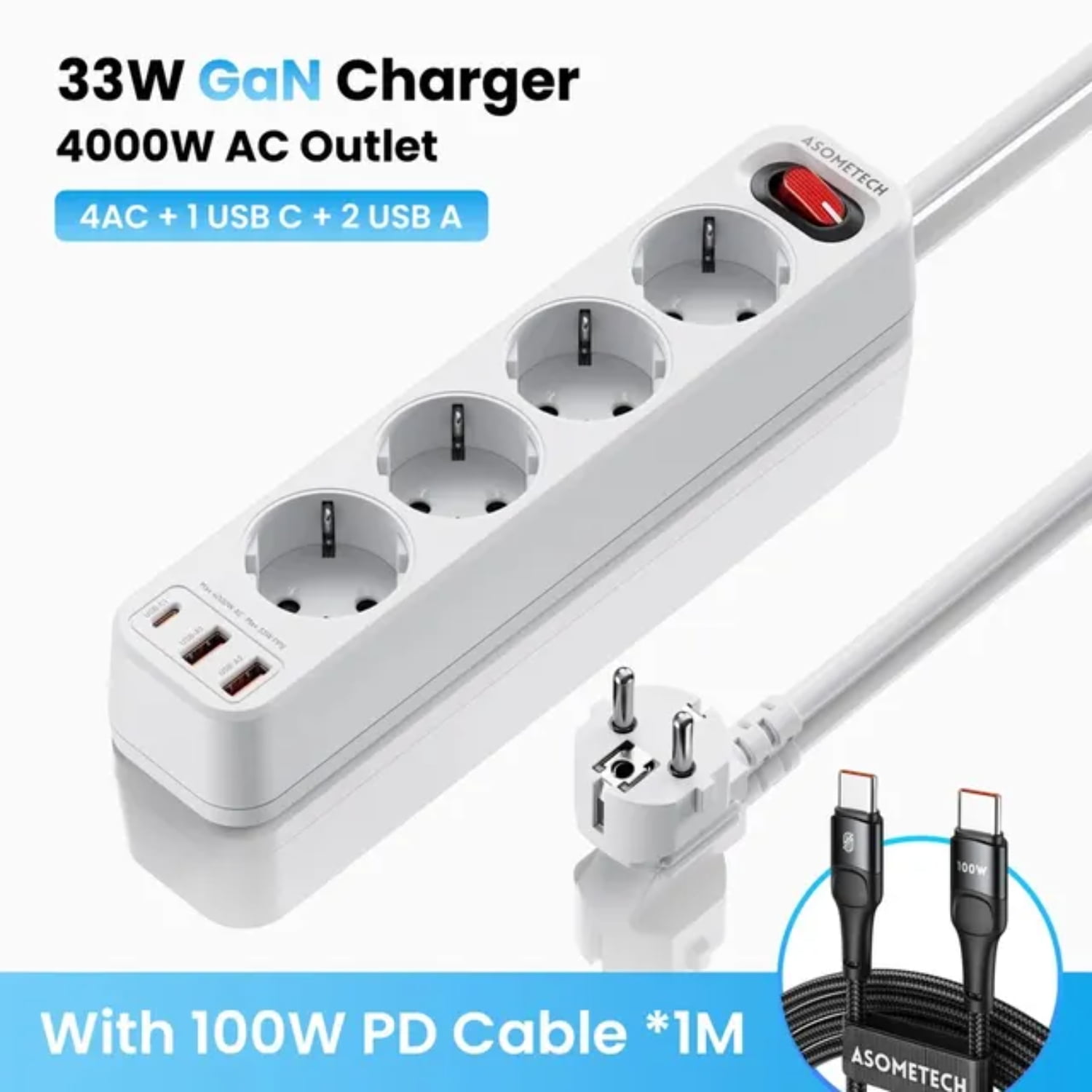LNJLAN 4000W Power Strip Multi Outlet 1.5M Extension Cord Network ...