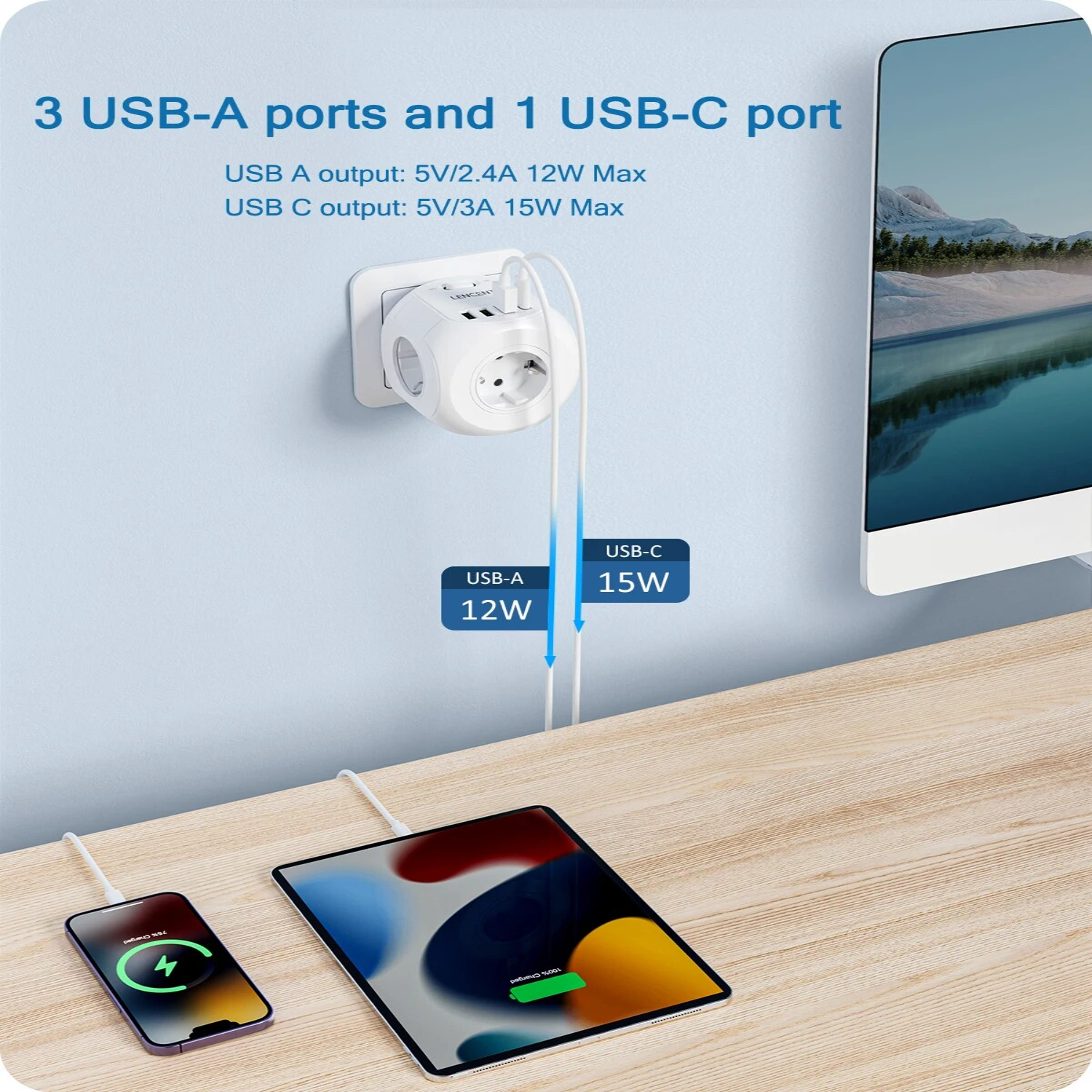 LNJLAN 8-in-1 EU Plug Wall Socket Extender with Powerful 4 AC Outlets 3 ...