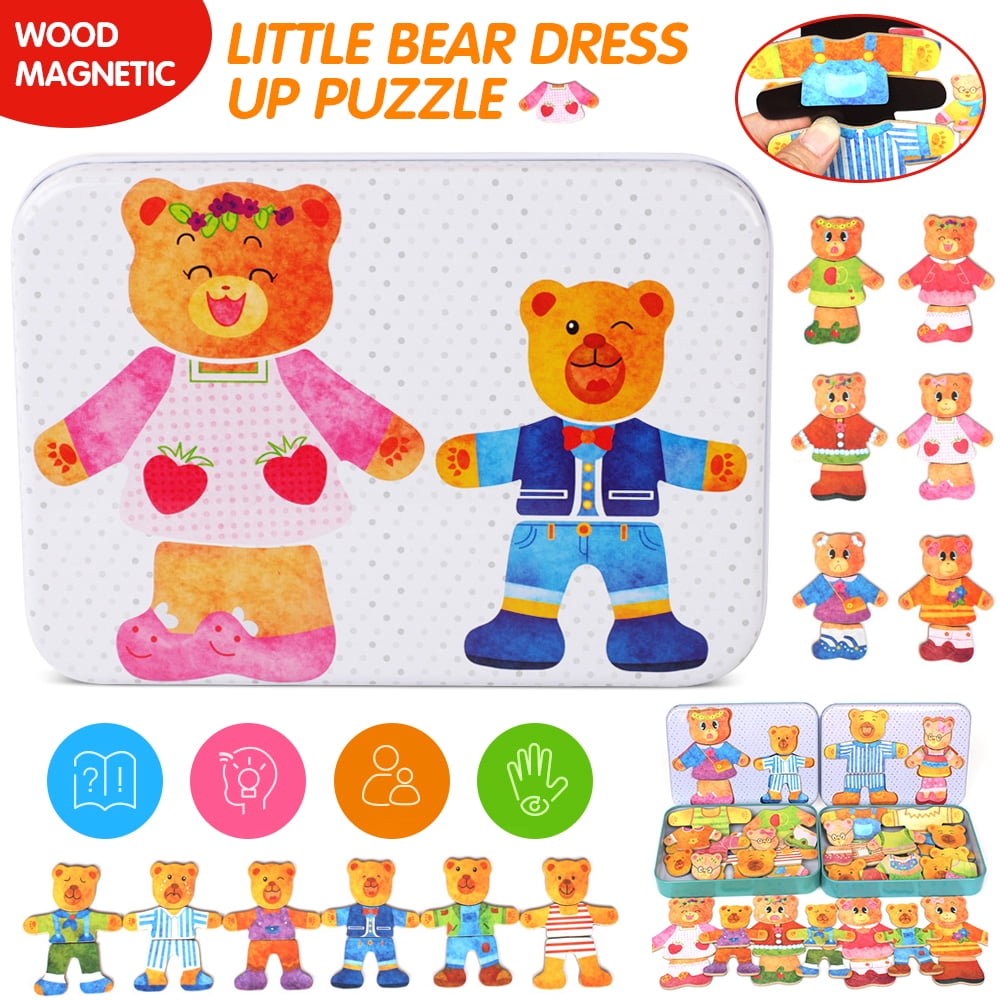 LNKOO 36Pcs Magnetic Wooden Bear Family Dress up Puzzle Box - Sorting ...