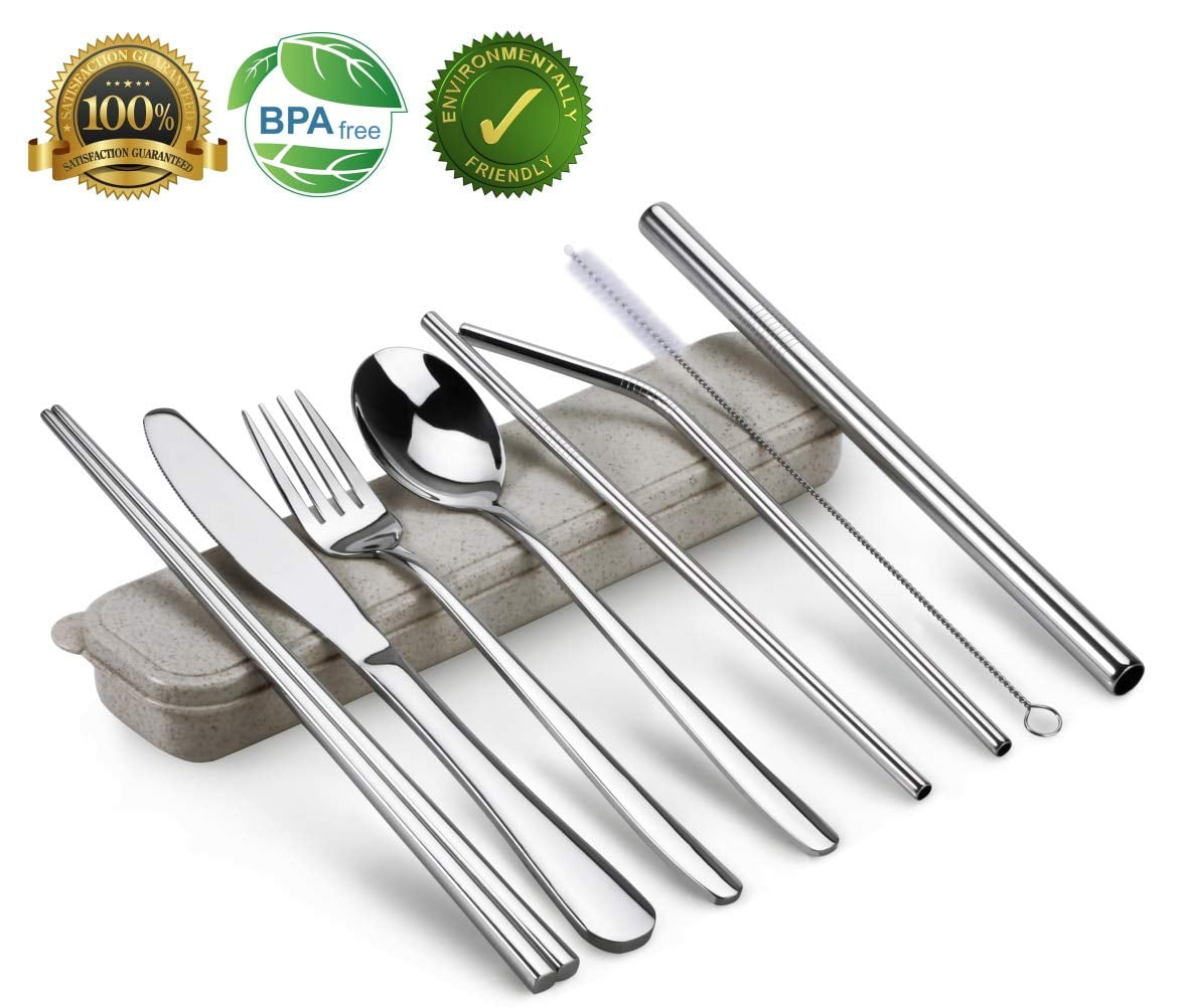 LNKOO 8Pcs Stainless Steel Travel Flatware Sets Portable Camping ...