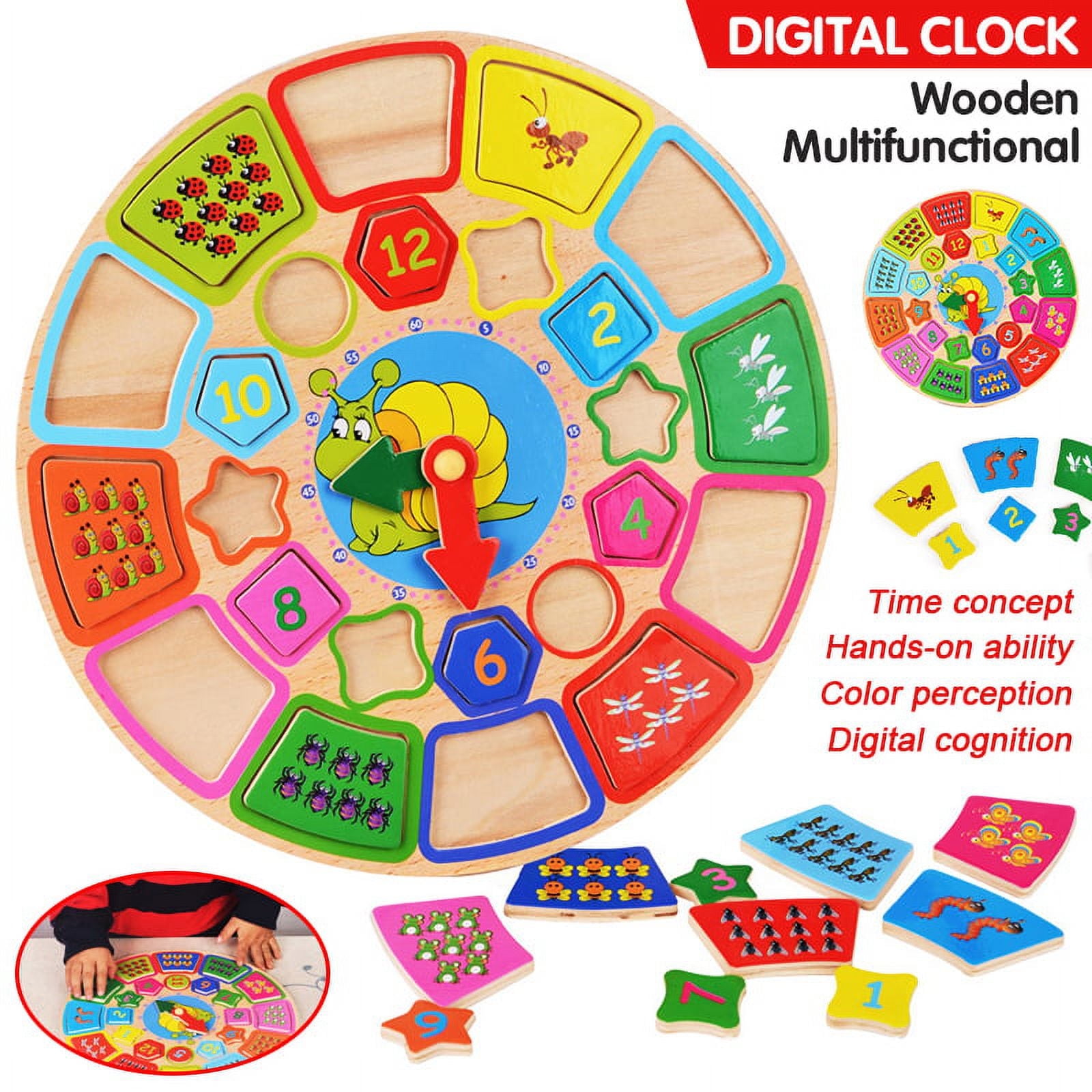LNKOO Wooden Shape Sorting Clock Educational Toy-Teaching Time Number ...
