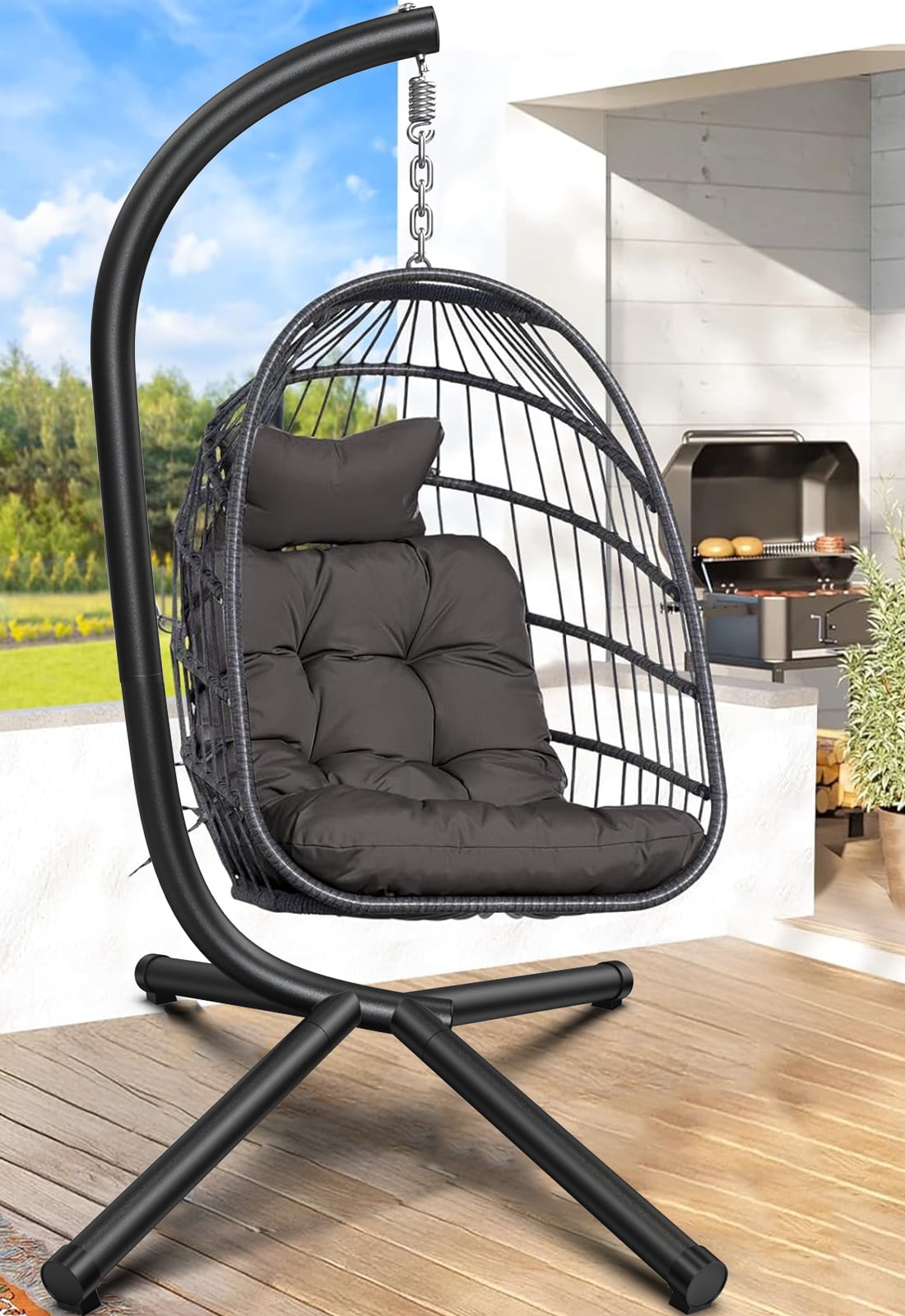 LNOW Indoor Outdoor Hanging Egg Chair with Stand, Patio Foldable PE ...