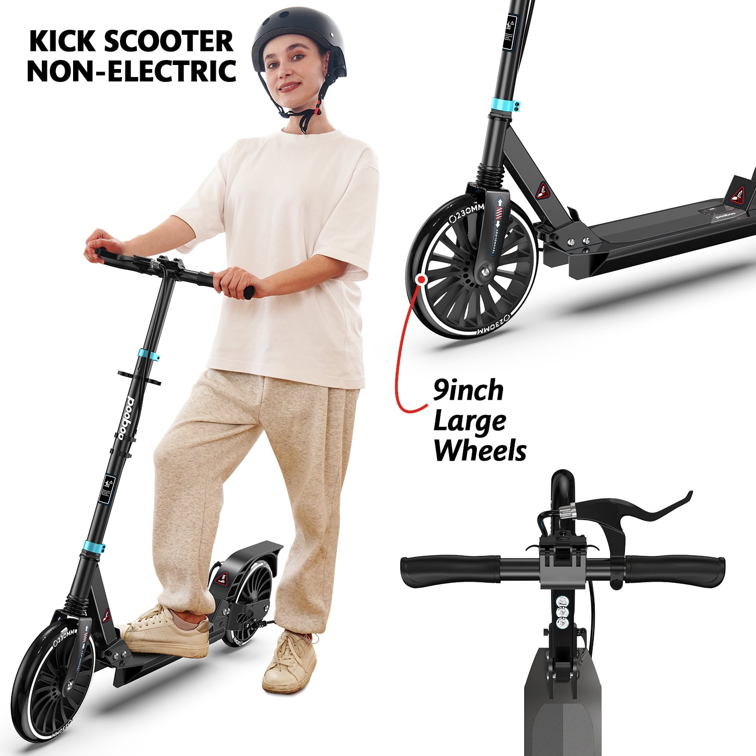 LNOW Kick Scooter-9IN Big Wheels for Teens & Adults, Hand Brake & Shock ...