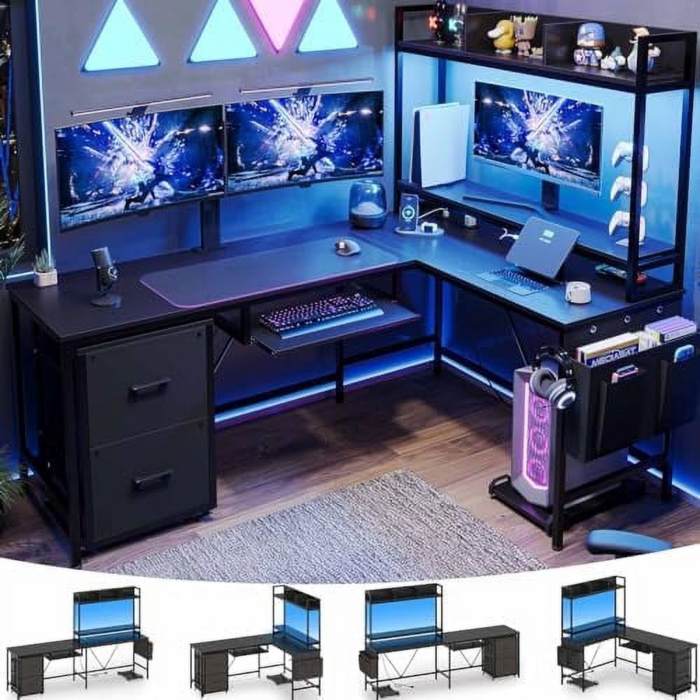 LNSETGC L Shaped Gaming Desk Reversible Corner Computer Desk with Power ...