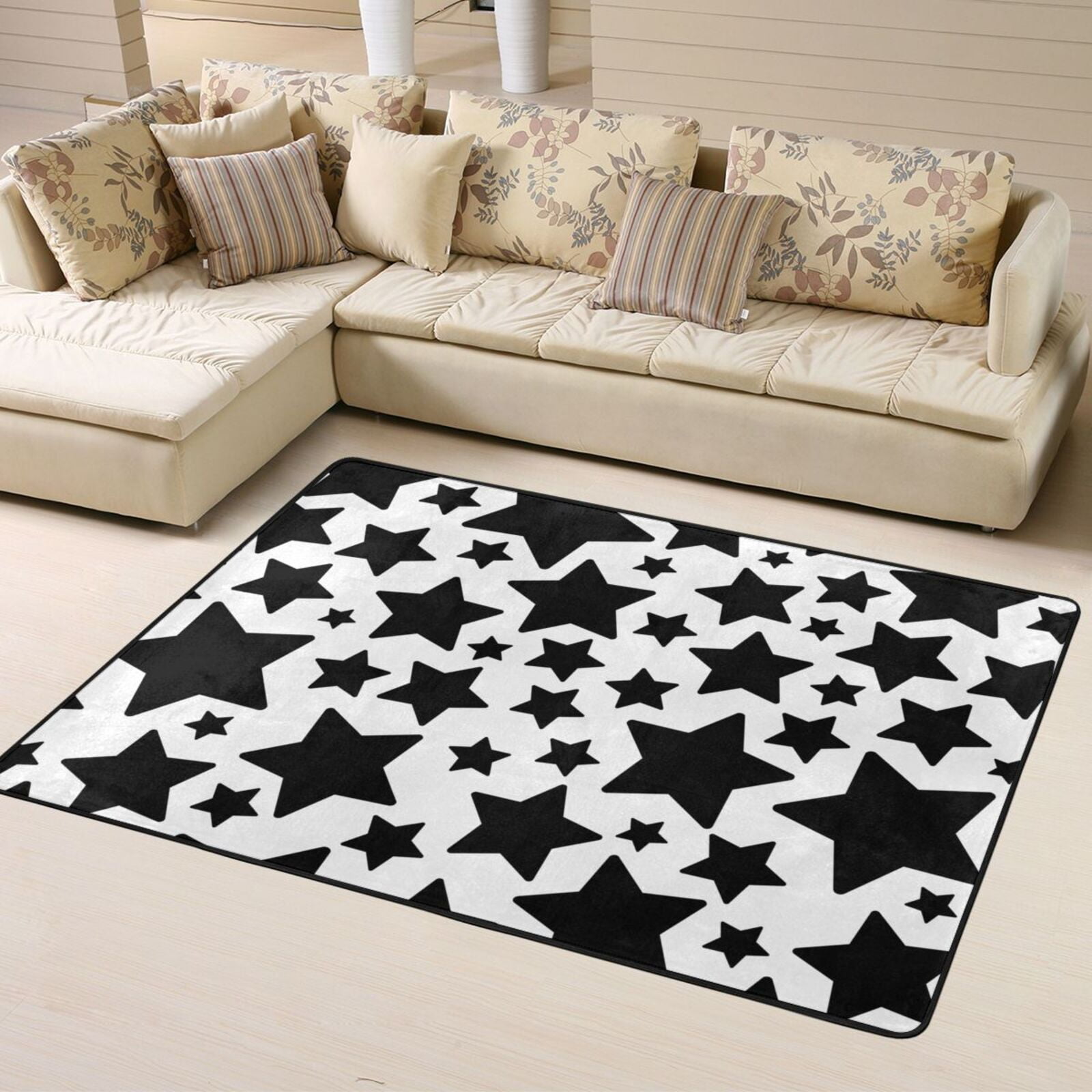 LNWH Black Abstract Star Doodle Rug for Bedroom Living Room, Non-Slip ...