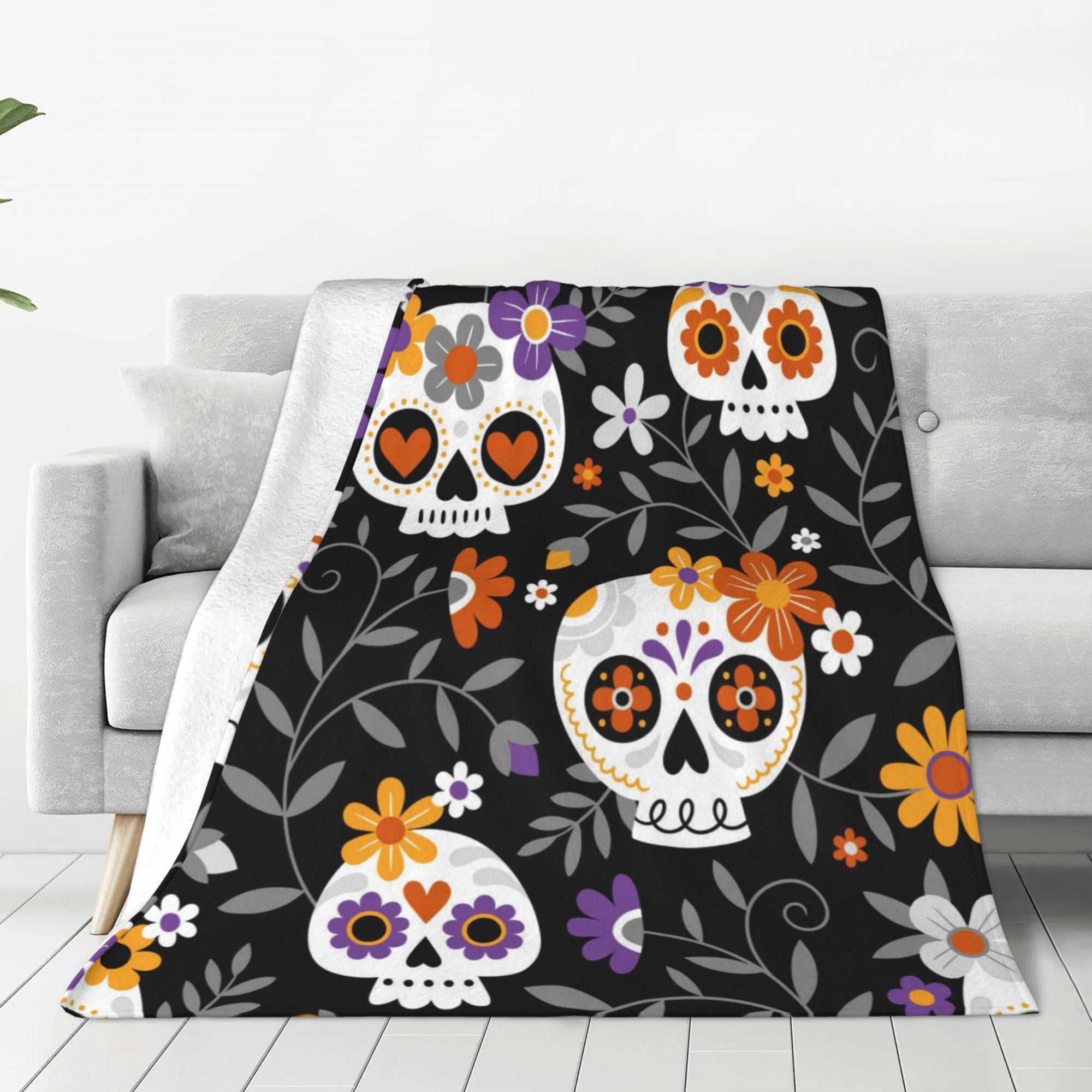 LNWH Black Sugar Skulls Flowers Pattern Throw Blanket, Flannel Sofa ...