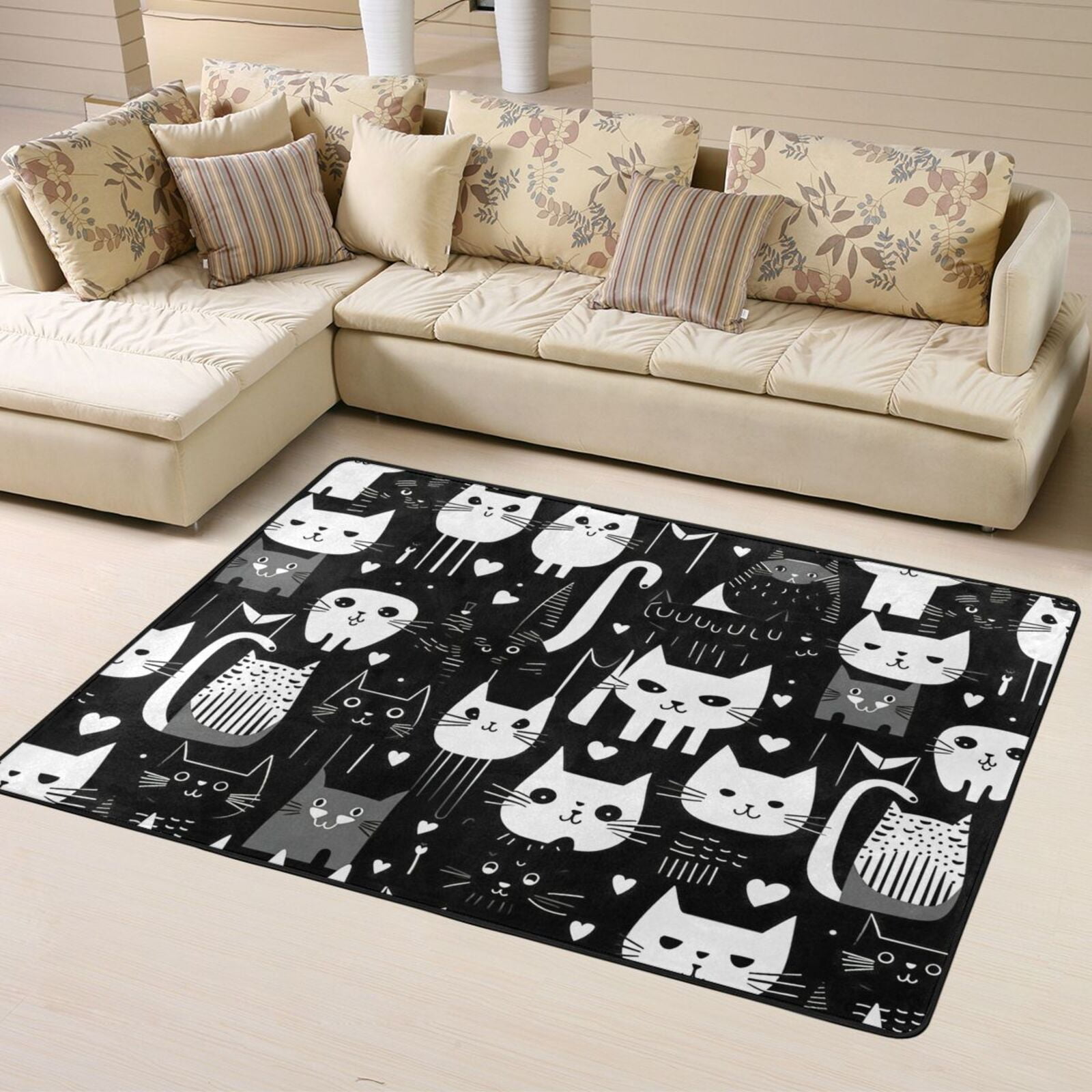 LNWH Black and White Cute Cats Rug for Bedroom Living Room, Non-Slip ...