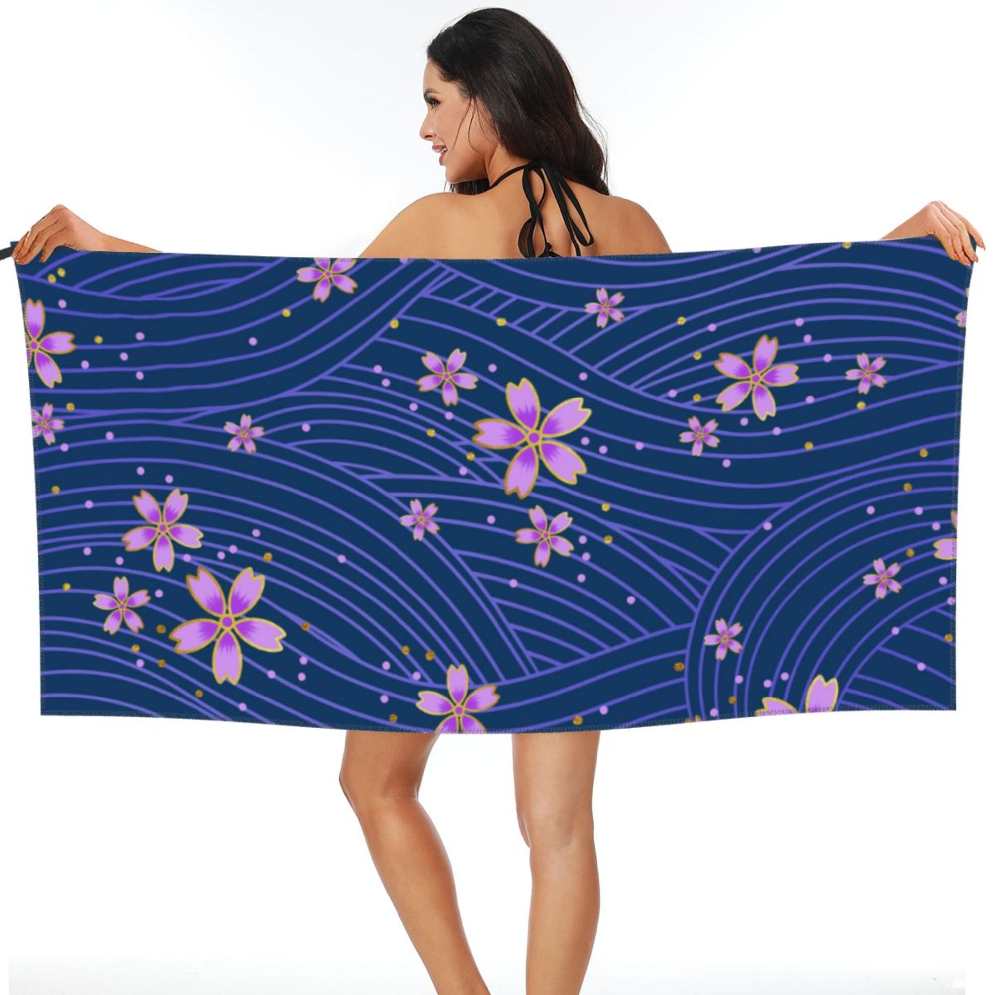 LNWH Blue Flower Pattern Sandless Beach Towel, Travel Quick-Drying ...