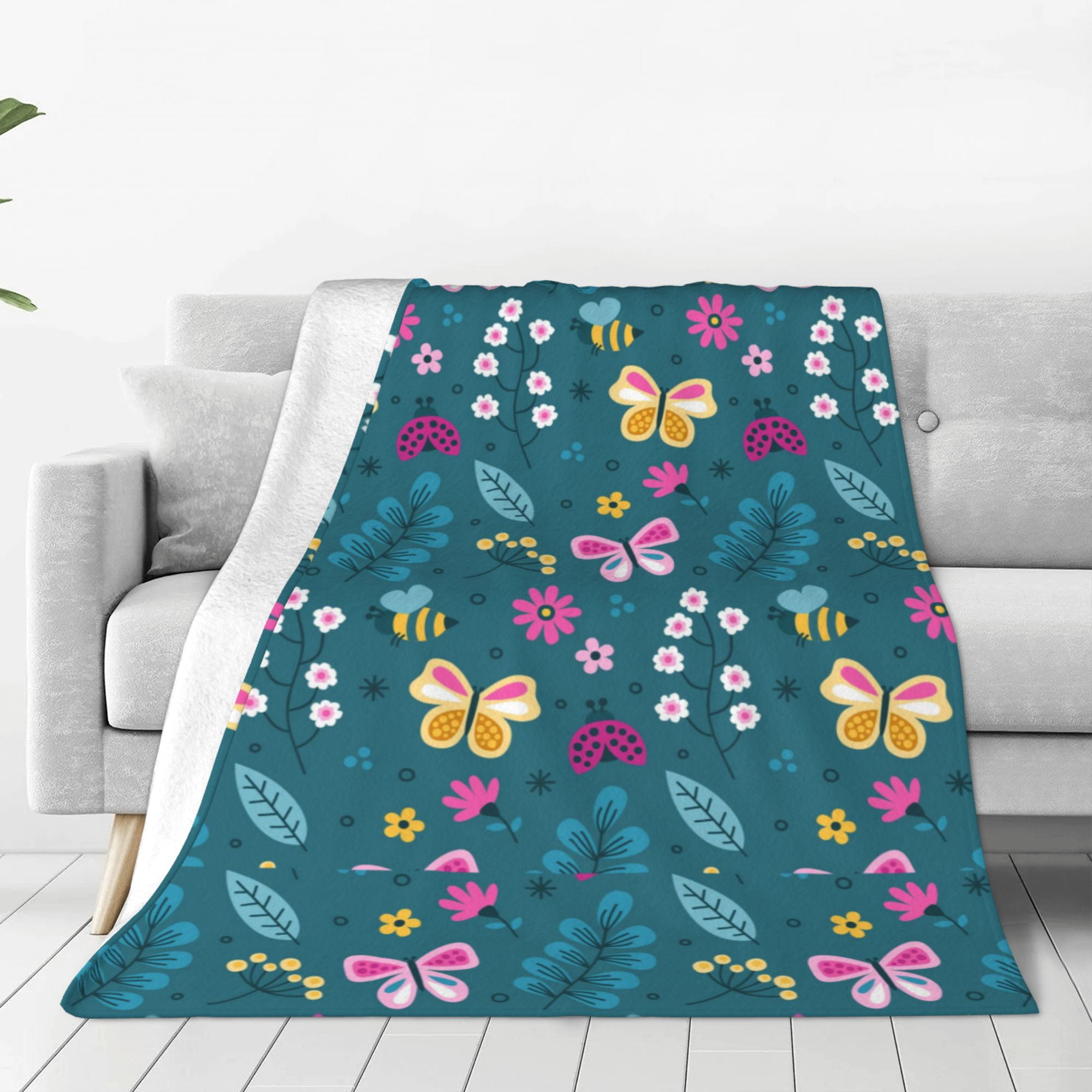 LNWH Blue Leaves Flower Pattern Throw Blanket, Flannel Sofa Blankets ...
