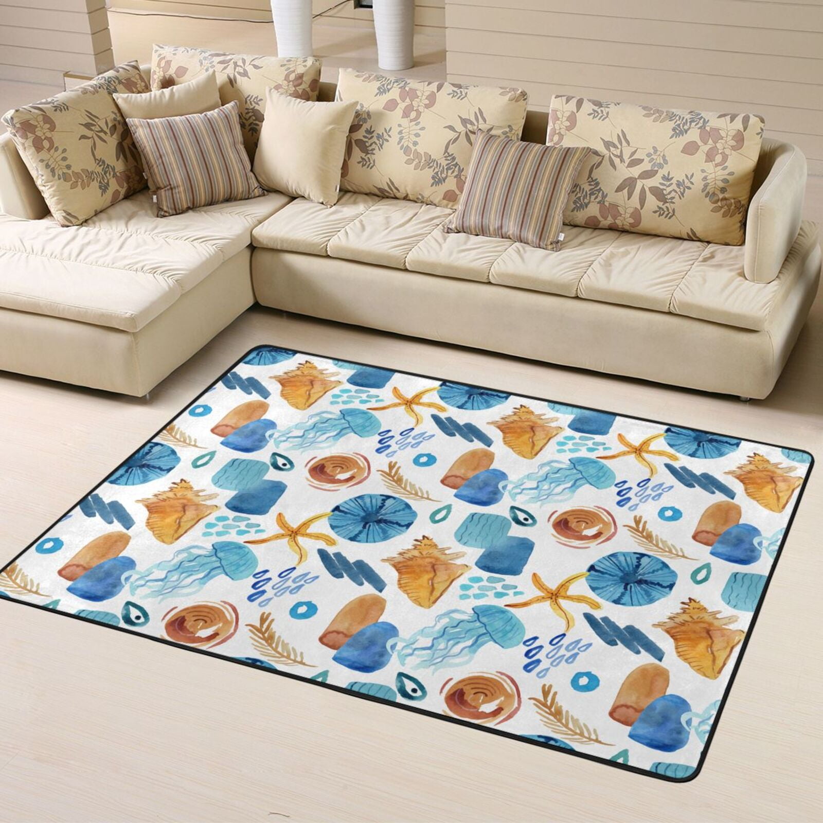 LNWH Blue Ocean Watercolor Doodle Rug for Bedroom Living Room, Non-Slip ...