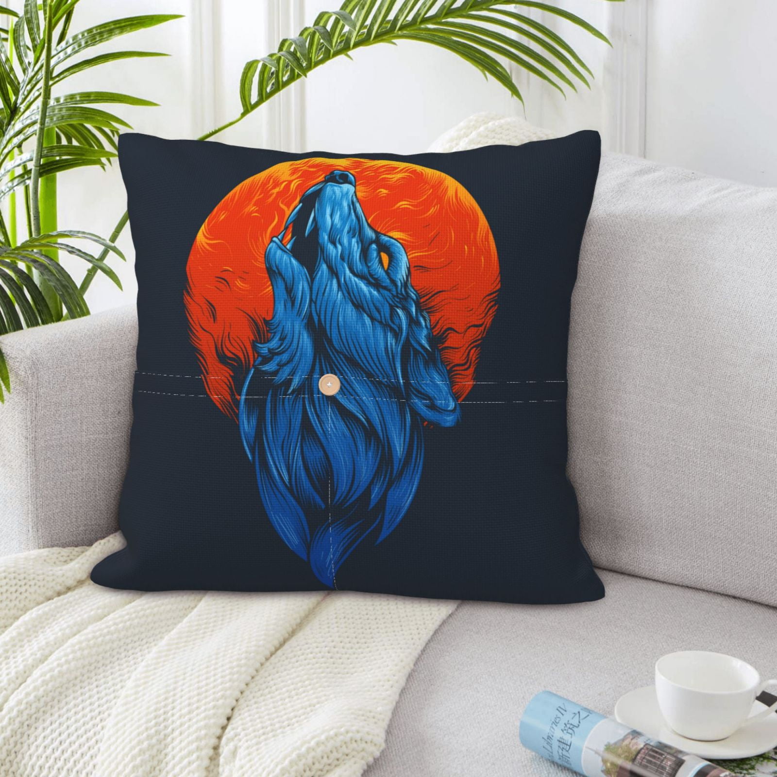 LNWH Blue Wolf Head Illustration Throw Pillow Covers, Square Soft Linen ...