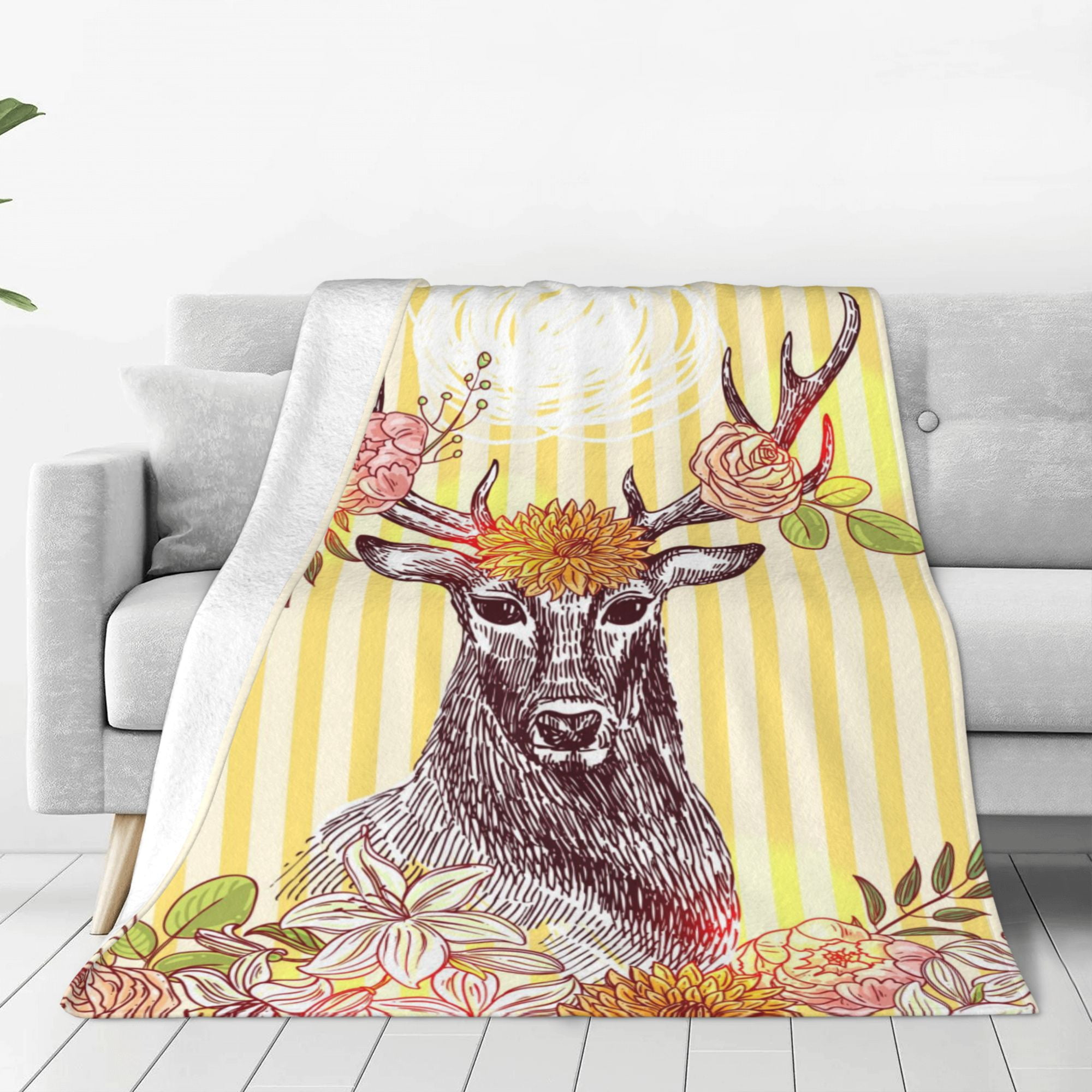 LNWH Boho Deer Watercolor Flora Pattern Throw Blanket, Flannel Sofa ...