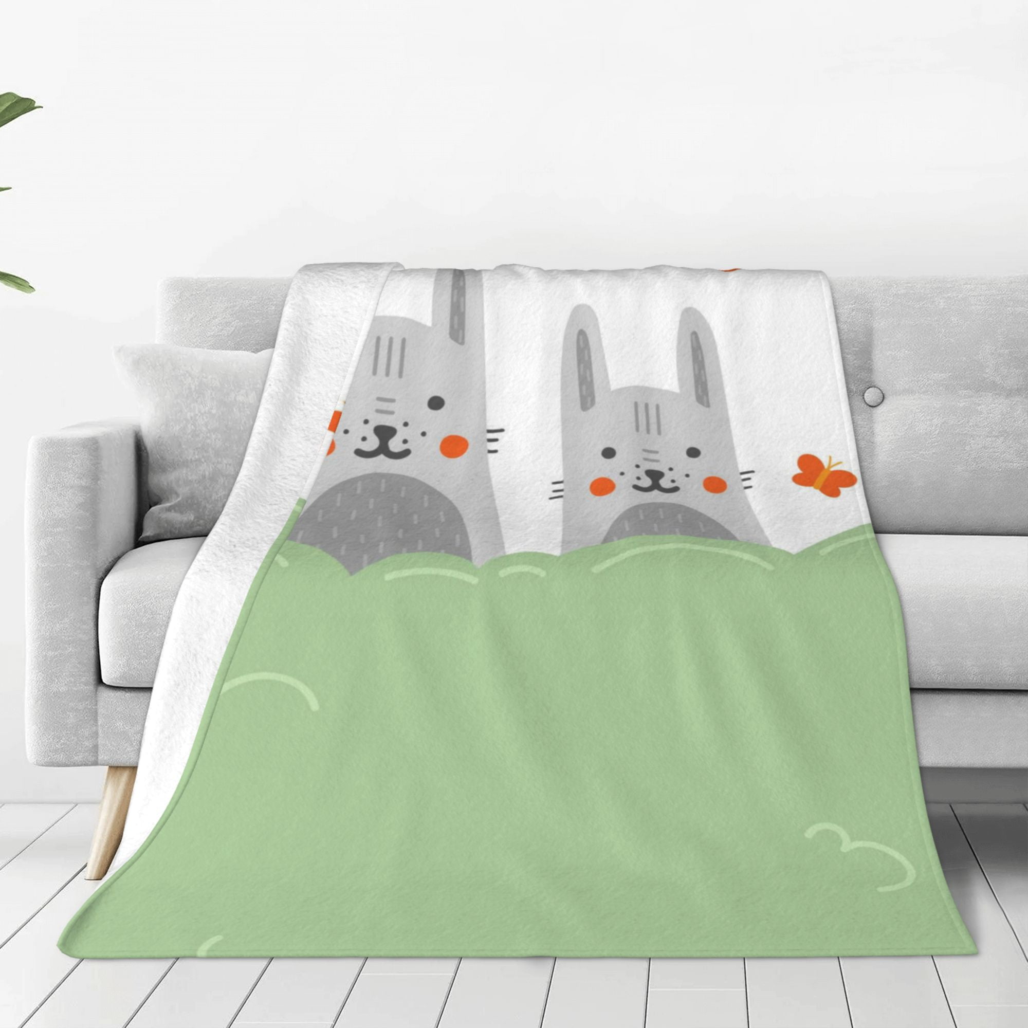 LNWH Cartoon Grey Rabbits Butterflies Pattern Throw Blanket, Flannel ...