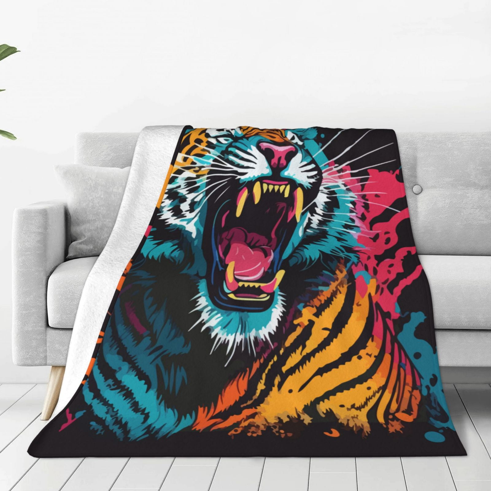 LNWH Colorful Tiger Vector Art Pattern Throw Blanket, Flannel Sofa ...