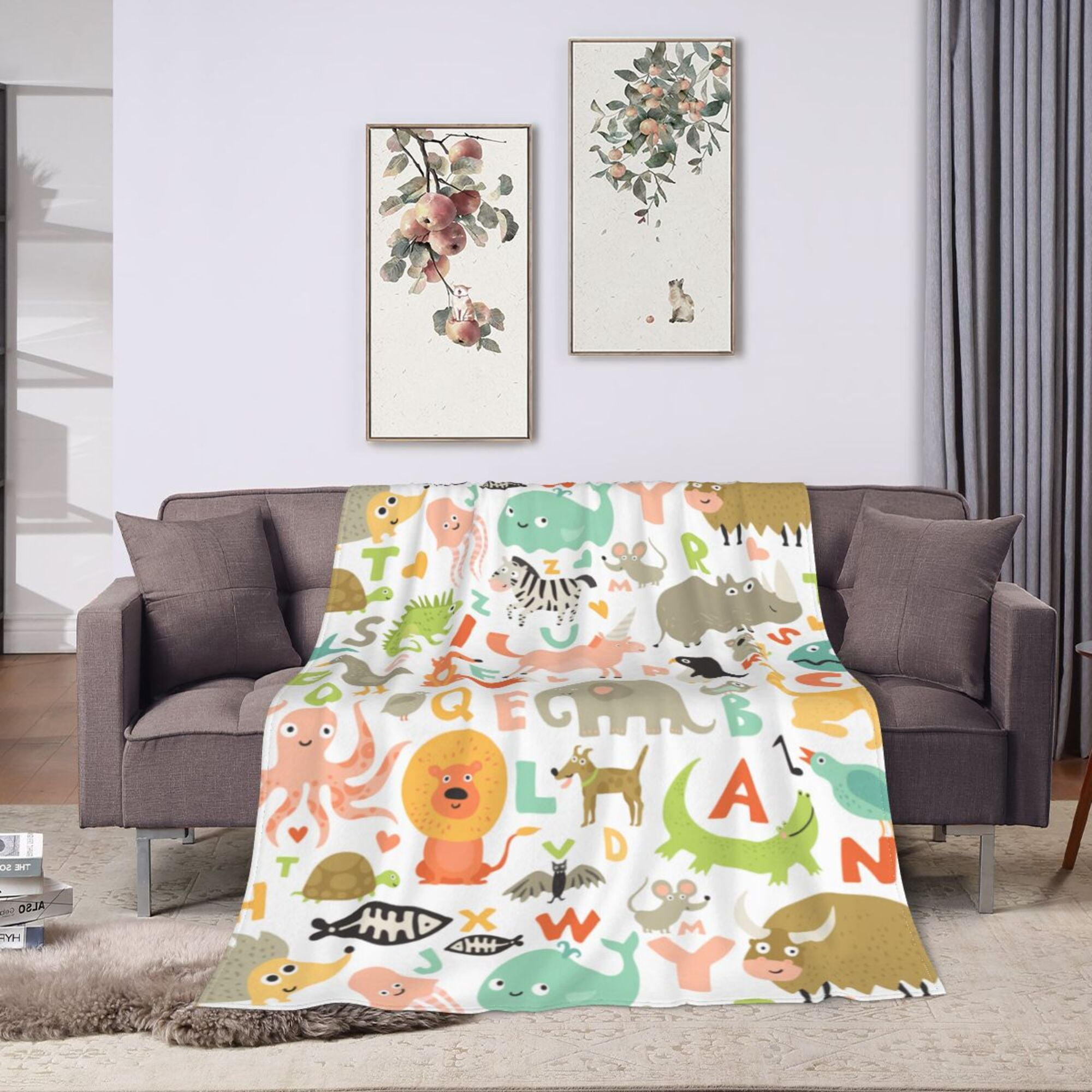 LNWH Cute Animal Alphabet Art Pattern Throw Blanket, Fluffy Soft Cozy ...