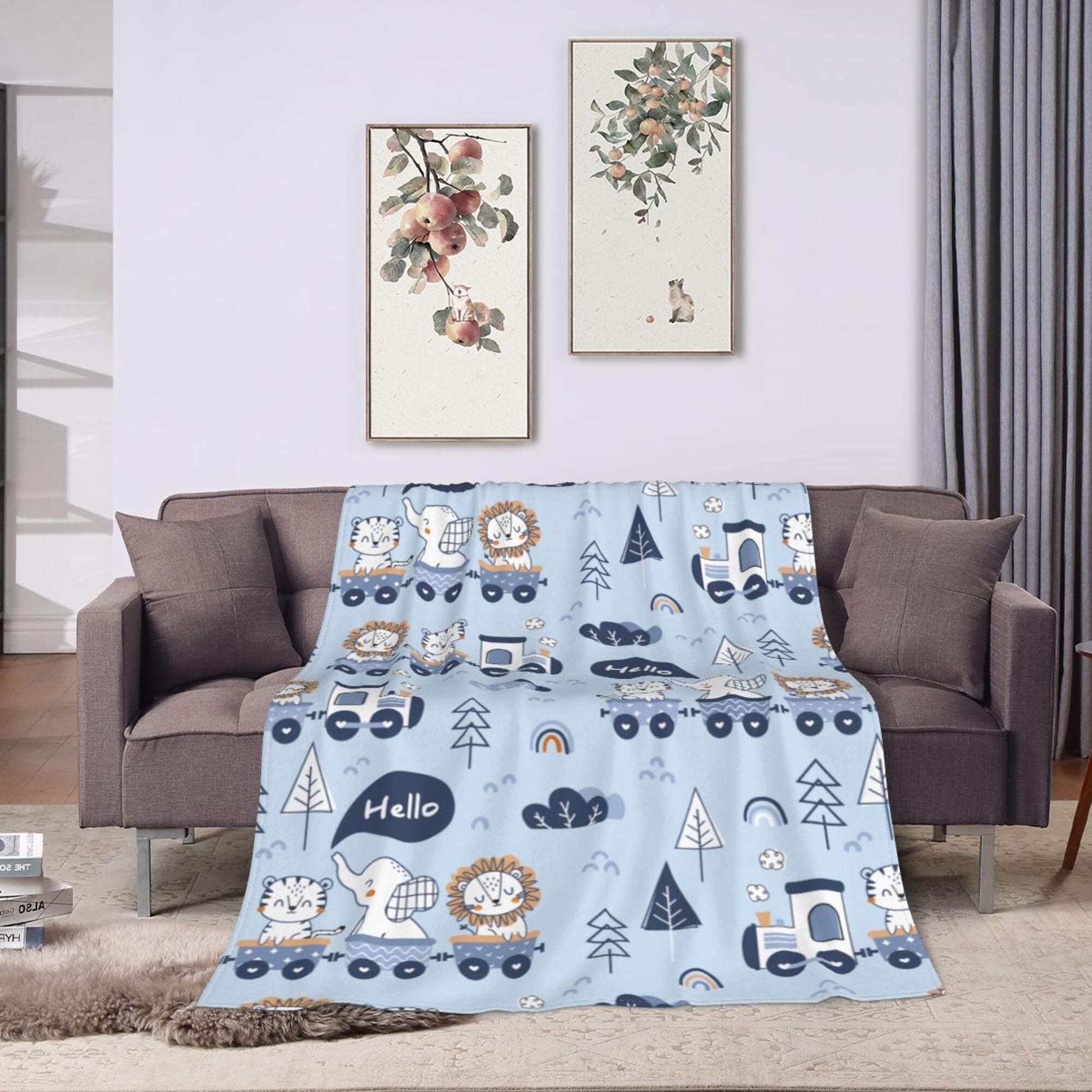 LNWH Cute Tiger Lion Elephant Blue Pattern Throw Blanket, Fluffy Soft ...
