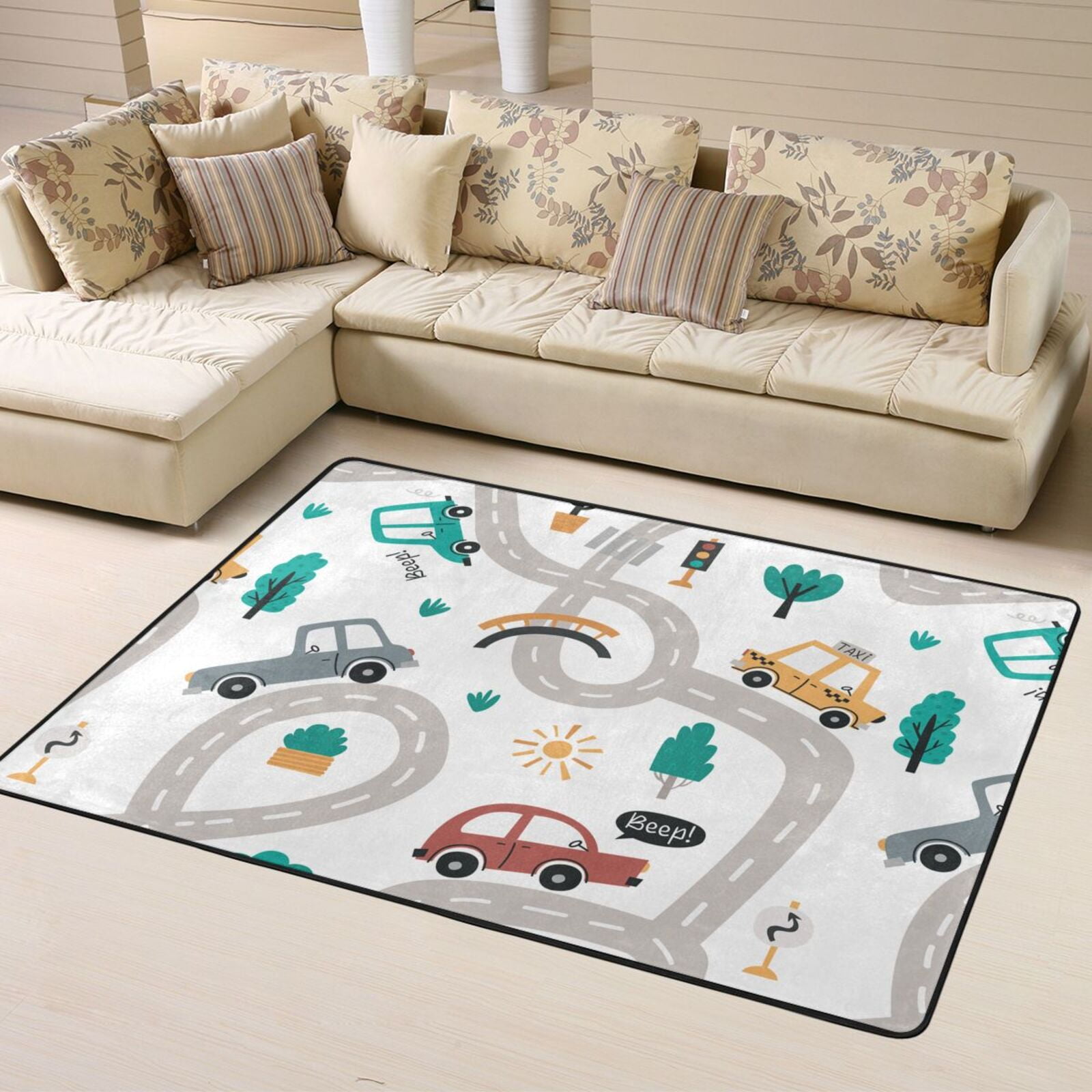 LNWH Cute cars Cartoon Roads Rug for Bedroom Living Room, Non-Slip Soft ...