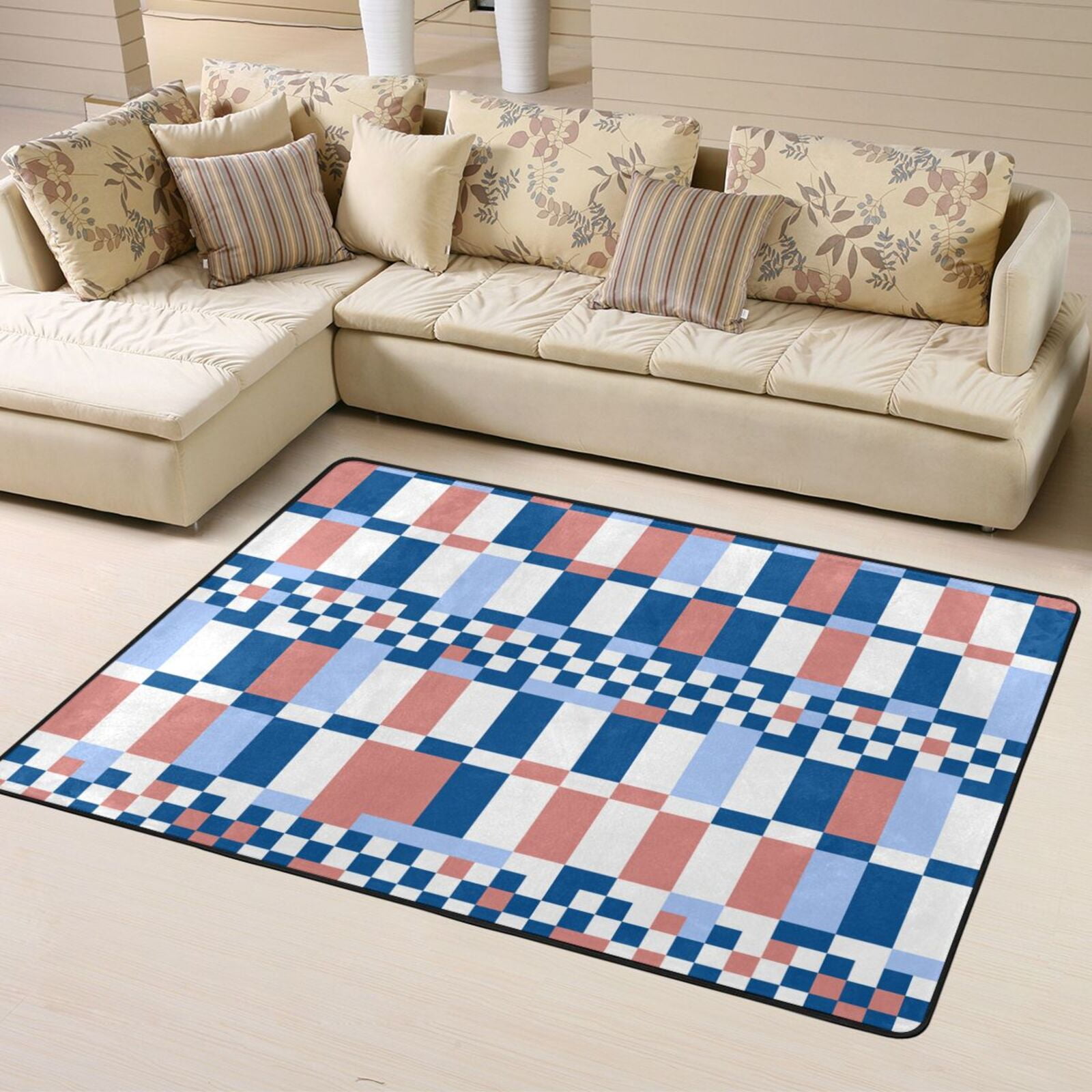 LNWH Flat Color Blue Block Doodle Rug for Bedroom Living Room, Non-Slip ...