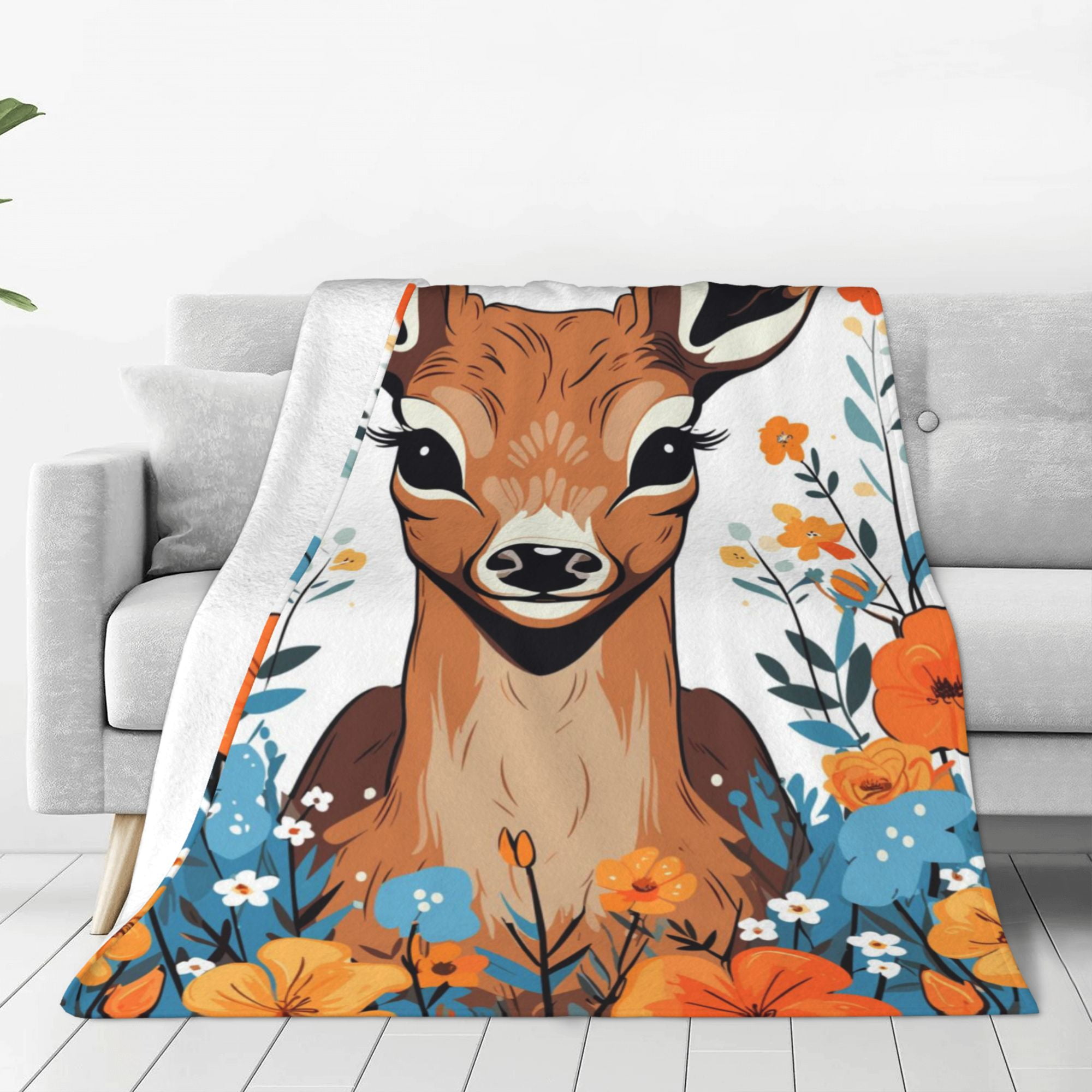 LNWH Flower Bush Cartoon Elk Pattern Throw Blanket, Flannel Sofa ...