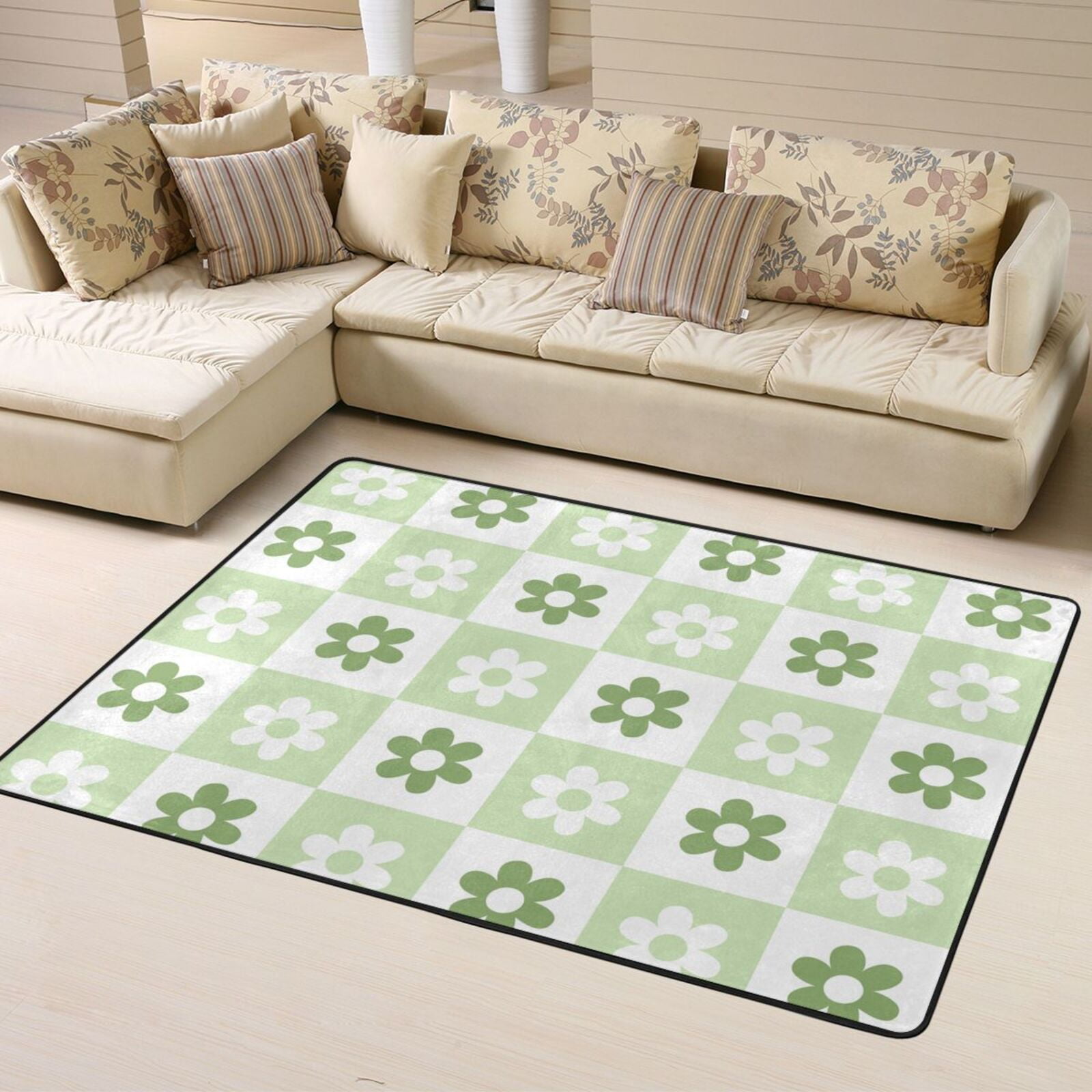 LNWH Green Checkered Flower Rug for Bedroom Living Room, Non-Slip Soft ...