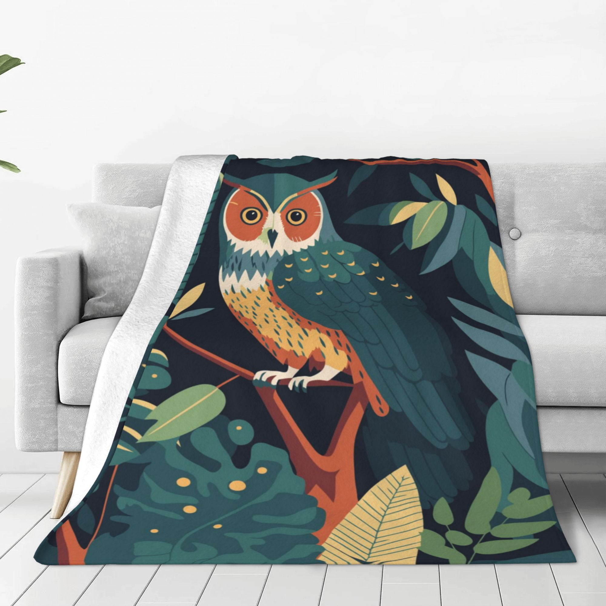 LNWH Green Forest Standing Owl Pattern Throw Blanket, Flannel Sofa ...