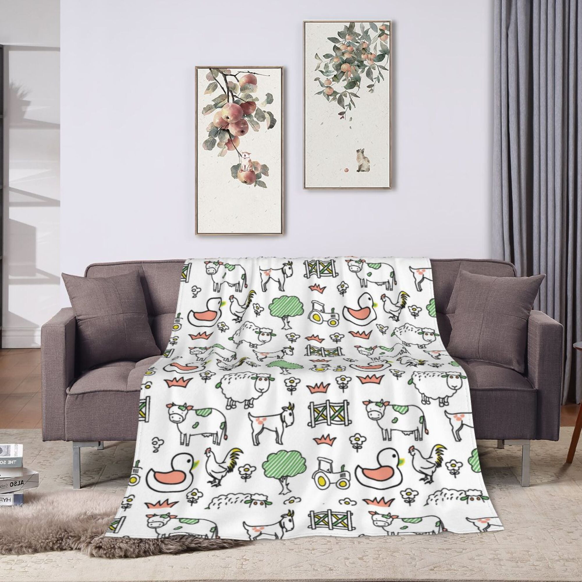LNWH Green Tree Sheep Duck Cartoon Pattern Throw Blanket, Fluffy Soft ...