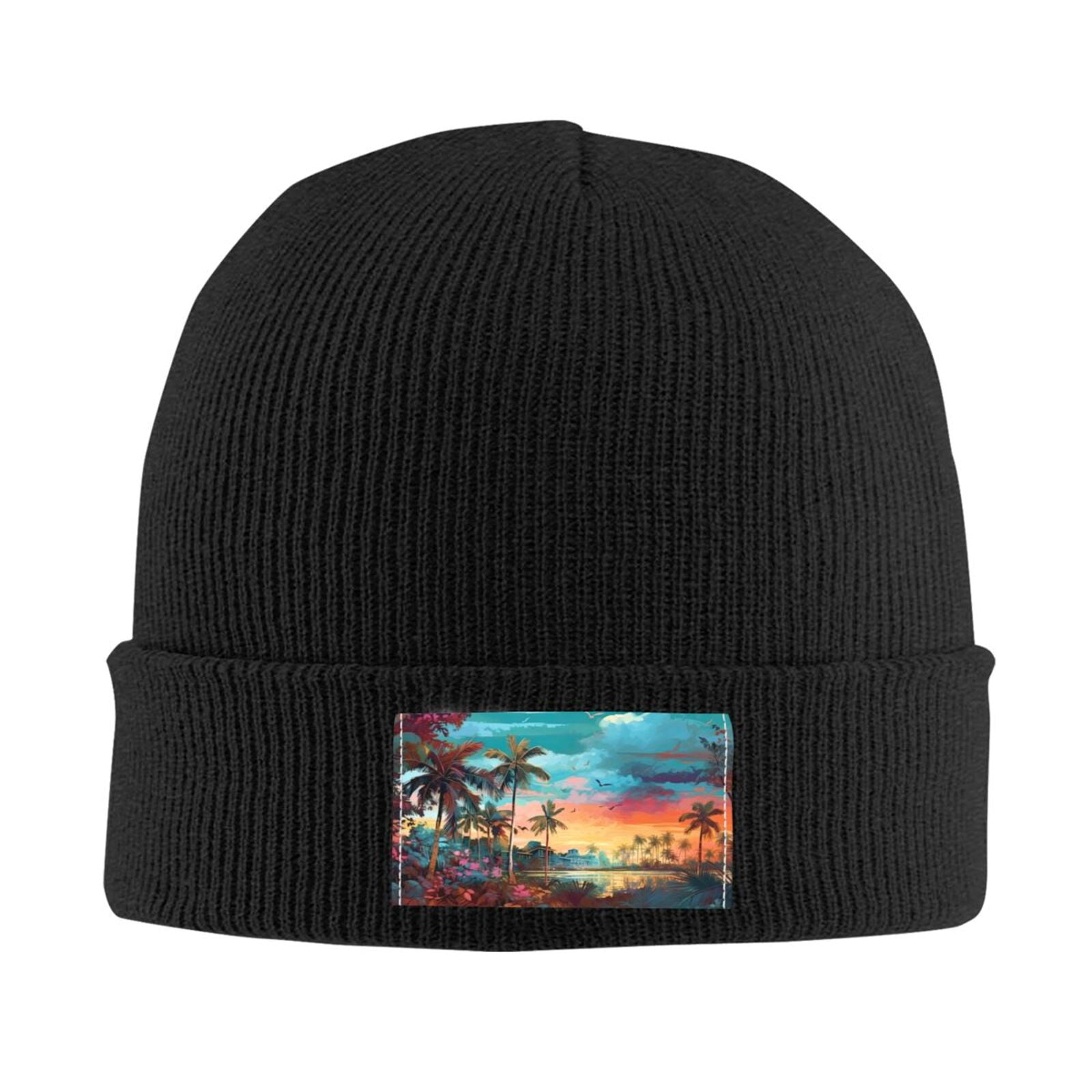 LNWH Knitted Acrylic Hat, Island Tropical Sunset Pattern Winter Beanie ...