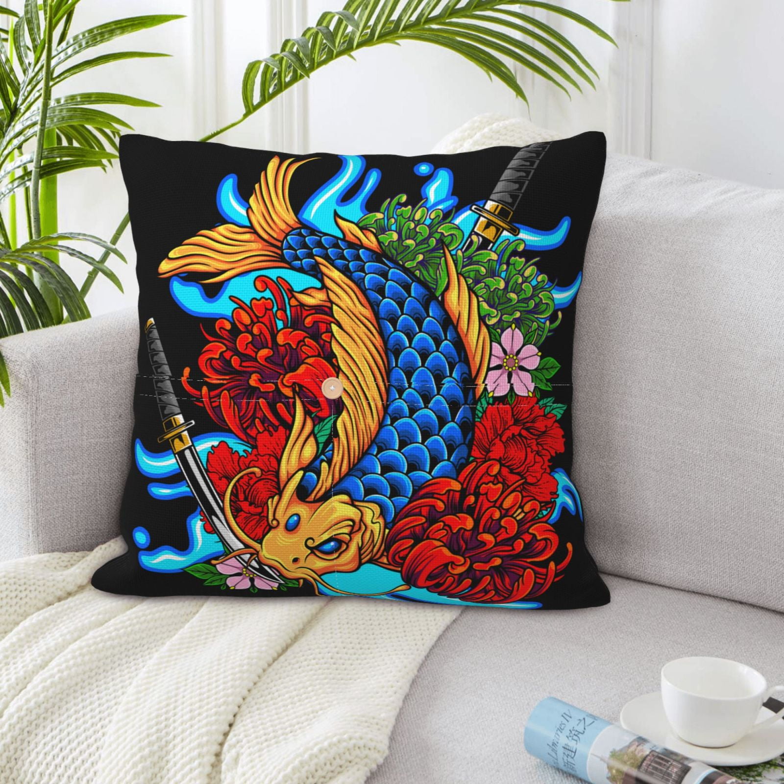 LNWH Koi Fish Cartoon Throw Pillow Covers, Square Soft Linen Decorative ...