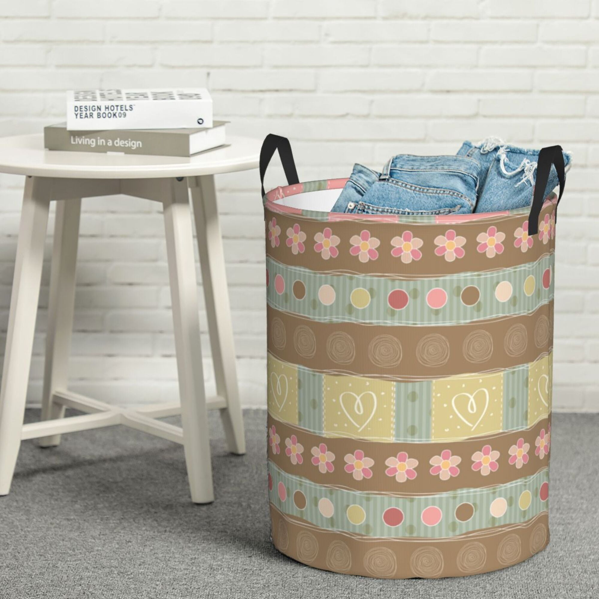 LNWH Laundry Basket, Vintage Love Heart Floral Stripe Pattern Foldable ...