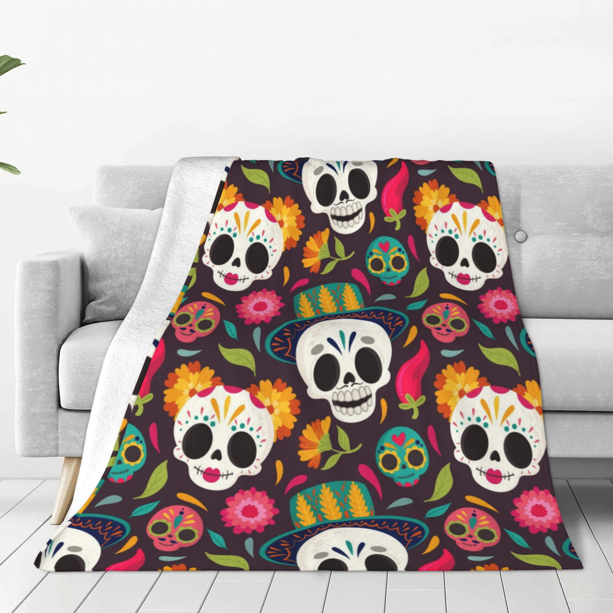 LNWH Mexican Skull Floral Gothic Pattern Throw Blanket, Flannel Sofa ...