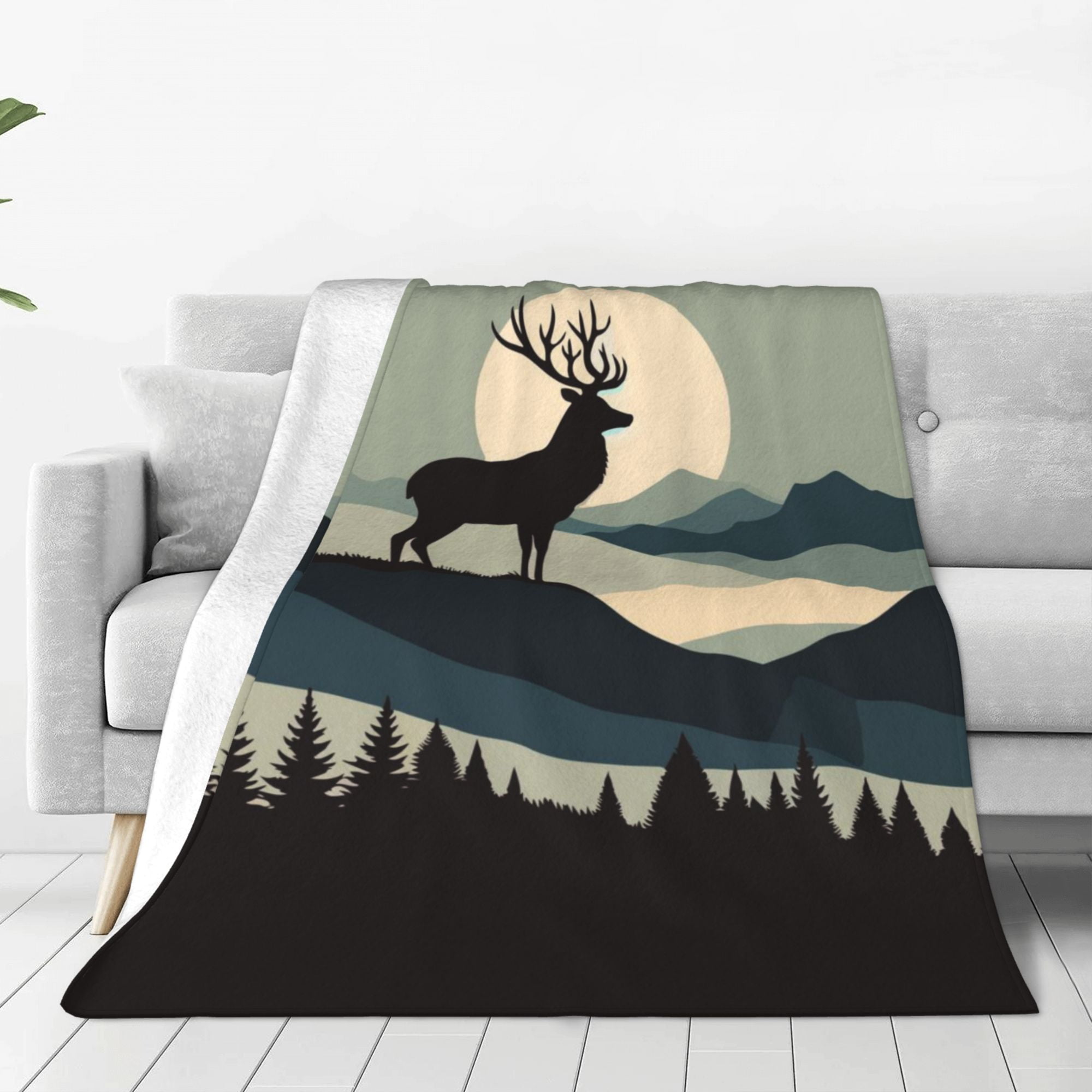 LNWH Mountain Forest Majestic Deer Pattern Throw Blanket, Flannel Sofa ...