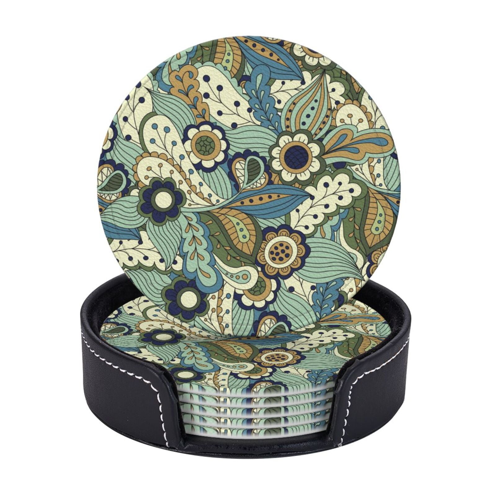 LNWH Non-Slip Decorative Drink Coasters, Blue Swirl Floral Art Pattern ...