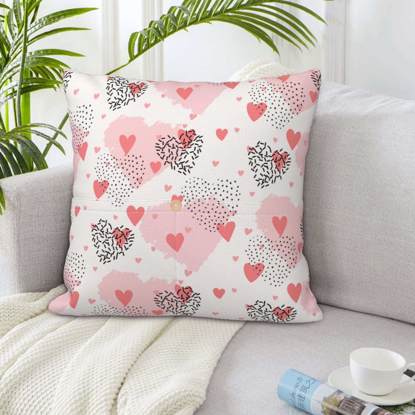 LNWH Pink Cartoon Heart Texture Throw Pillow Covers, Square Soft Linen ...