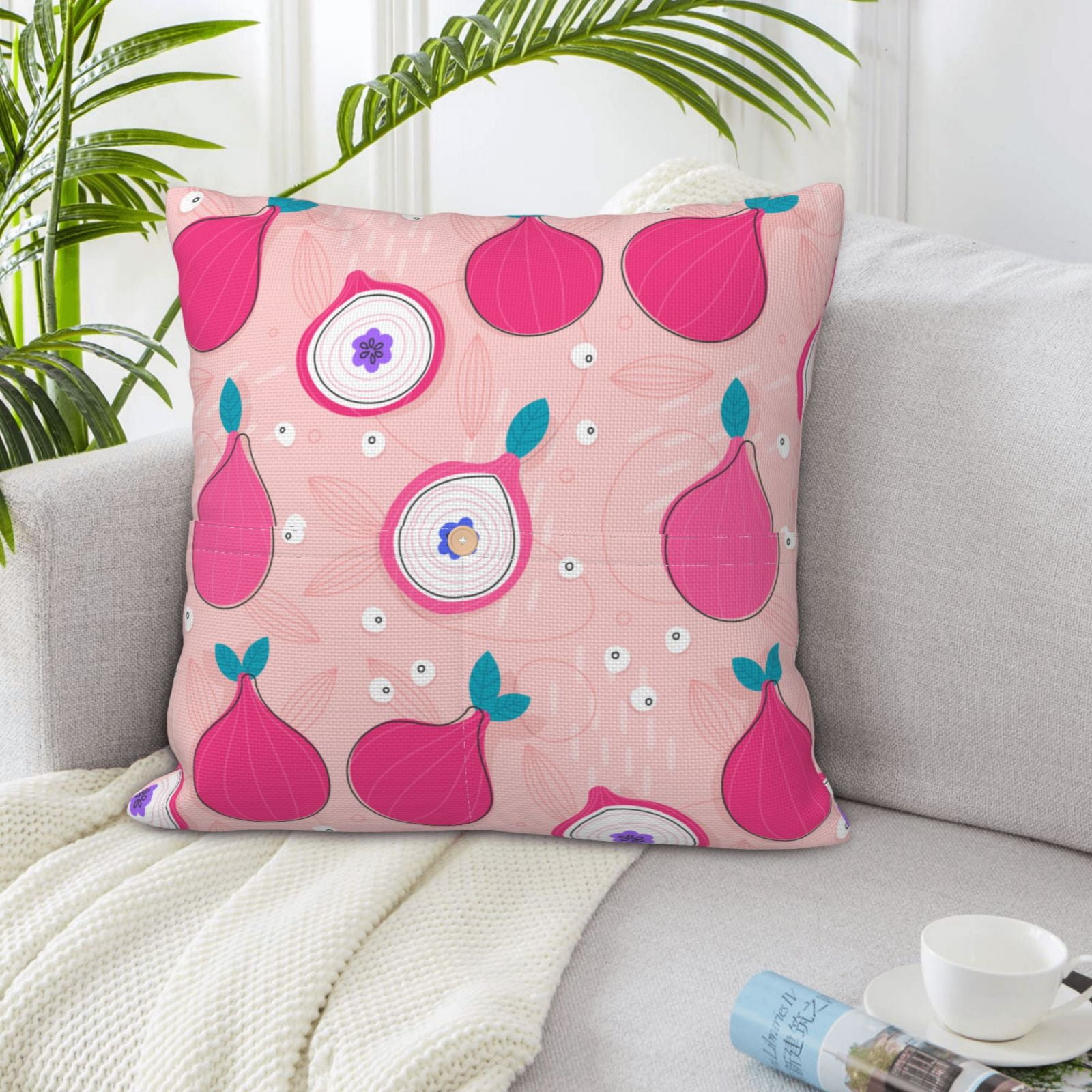 LNWH Pink Fruit Doodle Throw Pillow Covers, Square Soft Linen ...