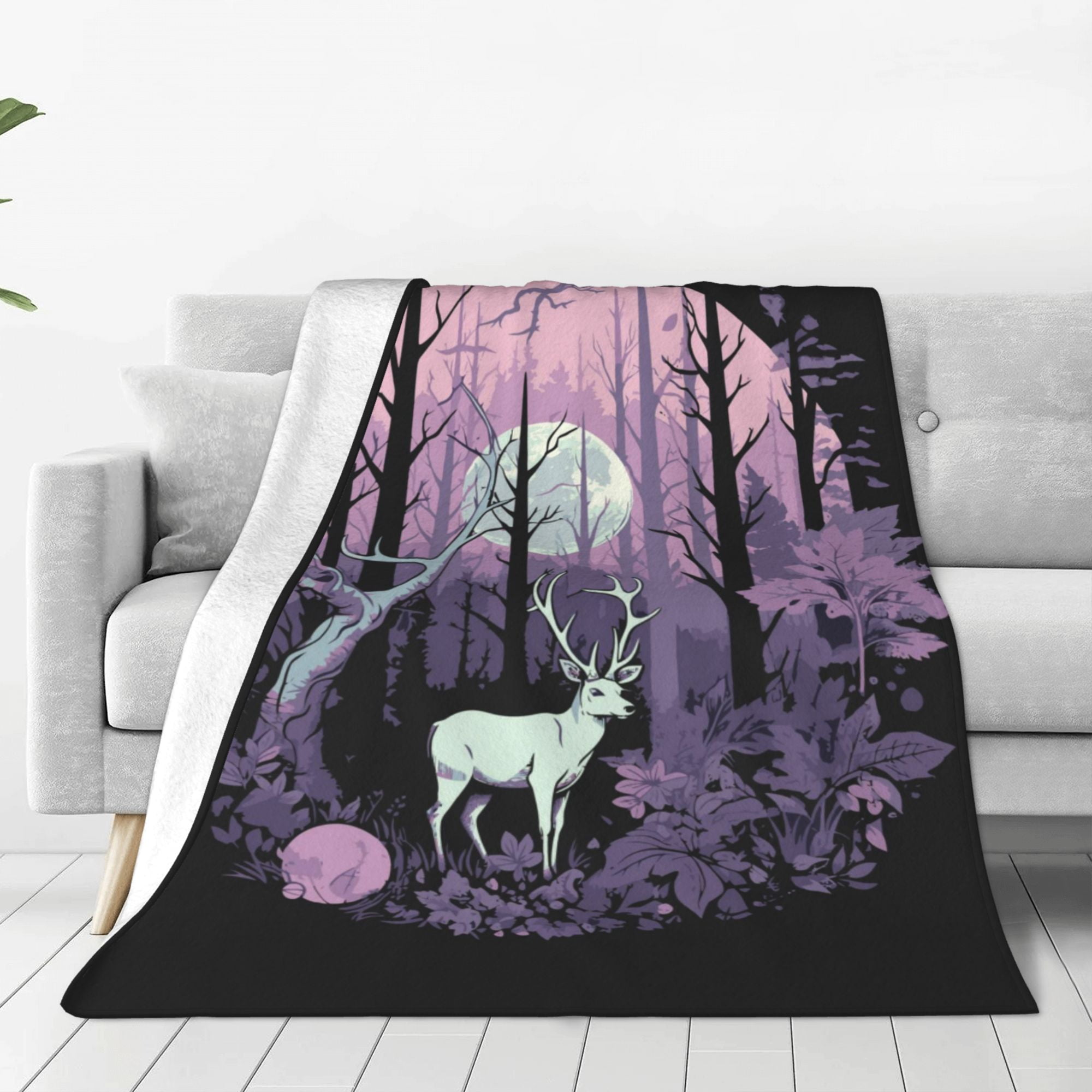 LNWH Purple Forest Moon Deer Pattern Throw Blanket, Flannel Sofa ...