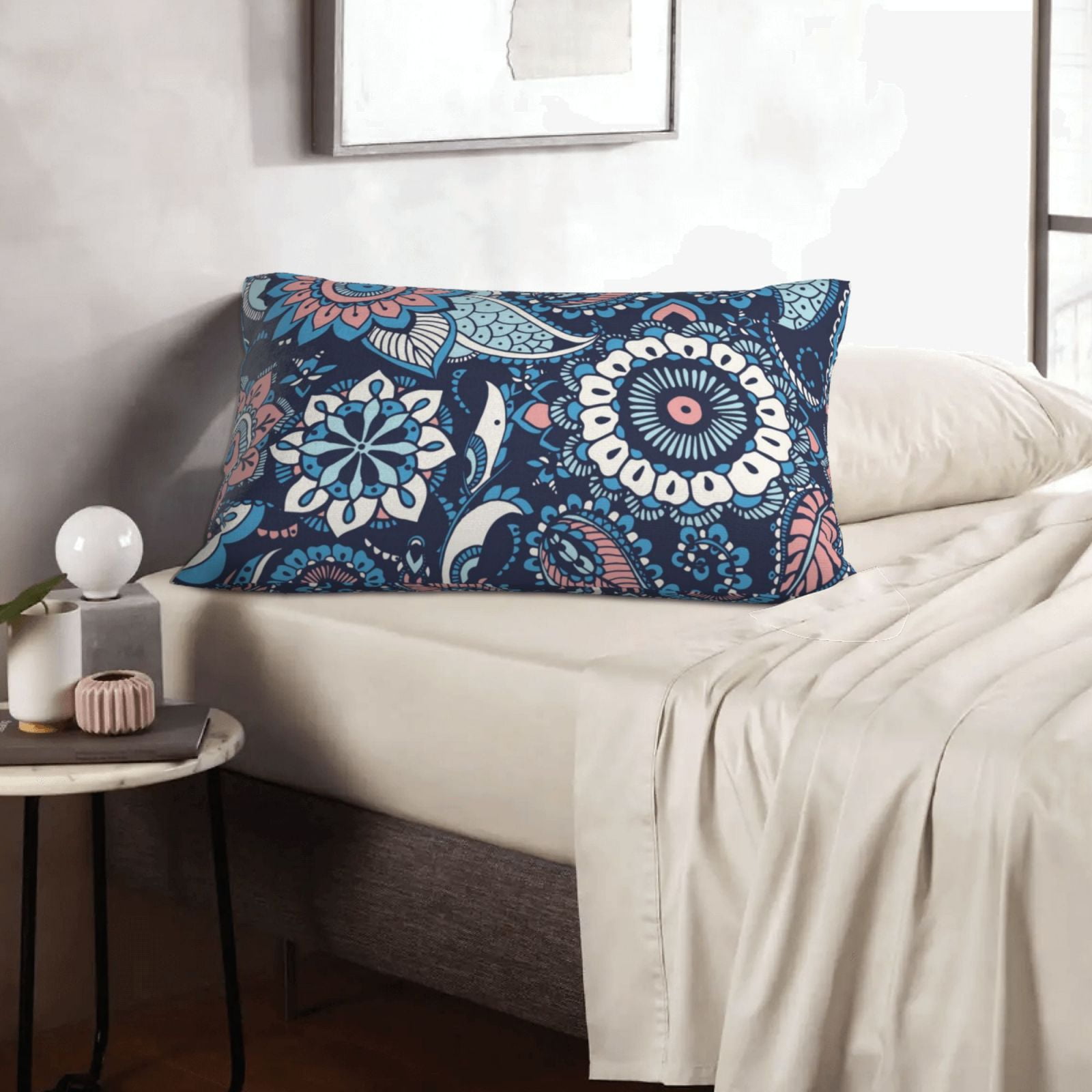 LNWH Rectangle Pillow Cover, Ornate Swirl Blue Floral Cushion Covers ...