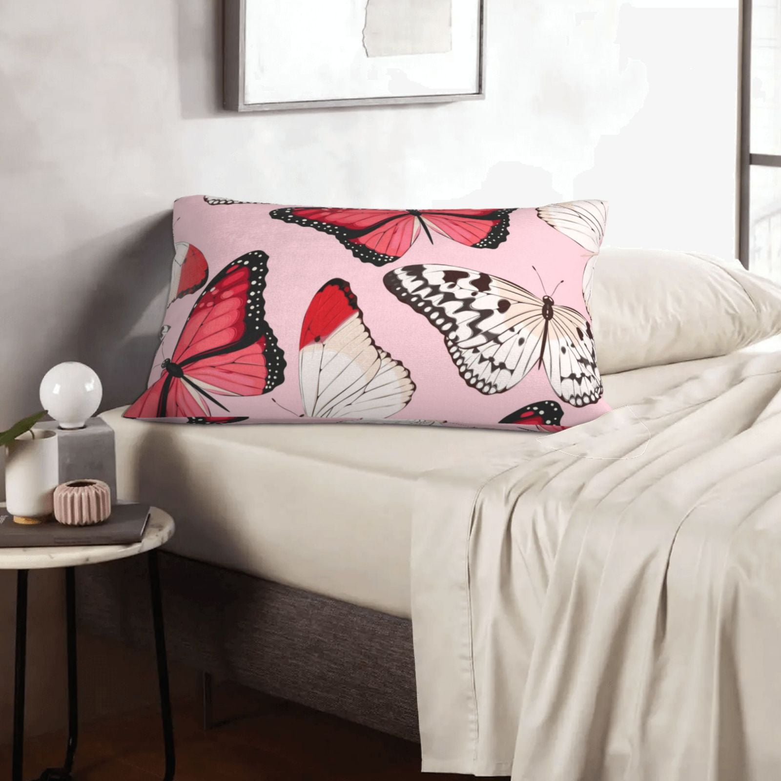 LNWH Rectangle Pillow Cover, Red White Butterflies Pink Background ...