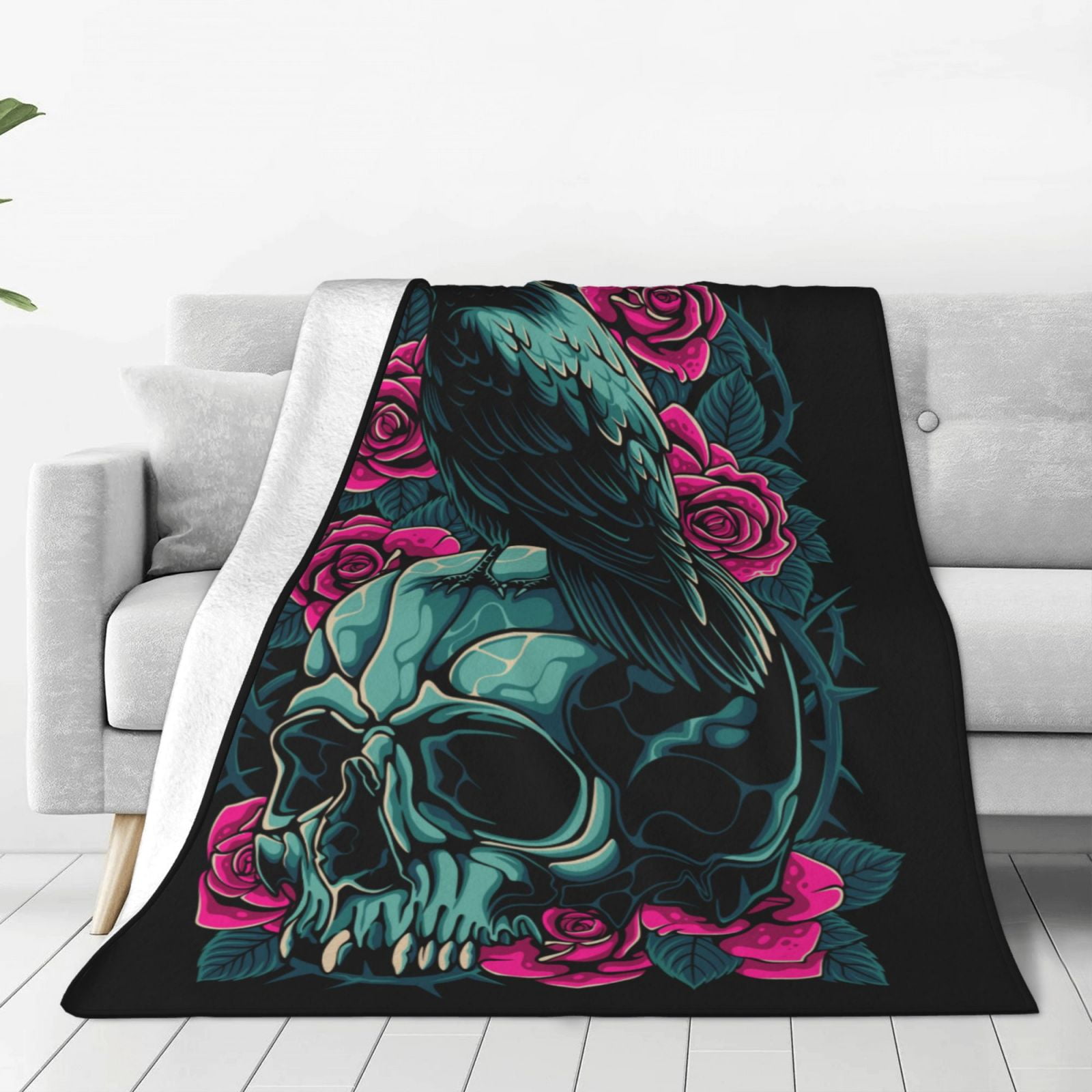 LNWH Rose Skull Crow Pattern Throw Blanket, Flannel Sofa Blankets for ...