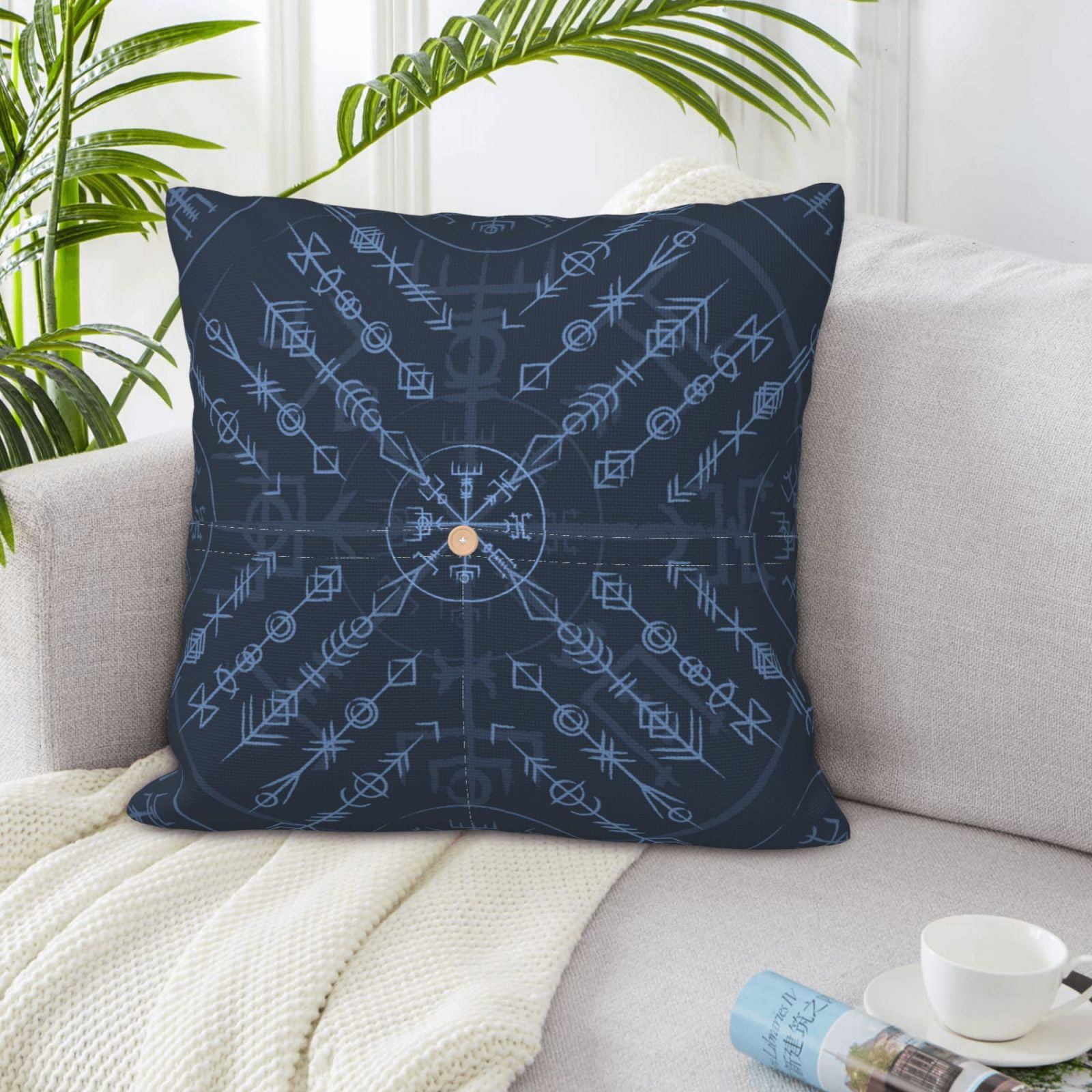 LNWH Runes Abstract Blue Throw Pillow Covers, Square Soft Linen ...