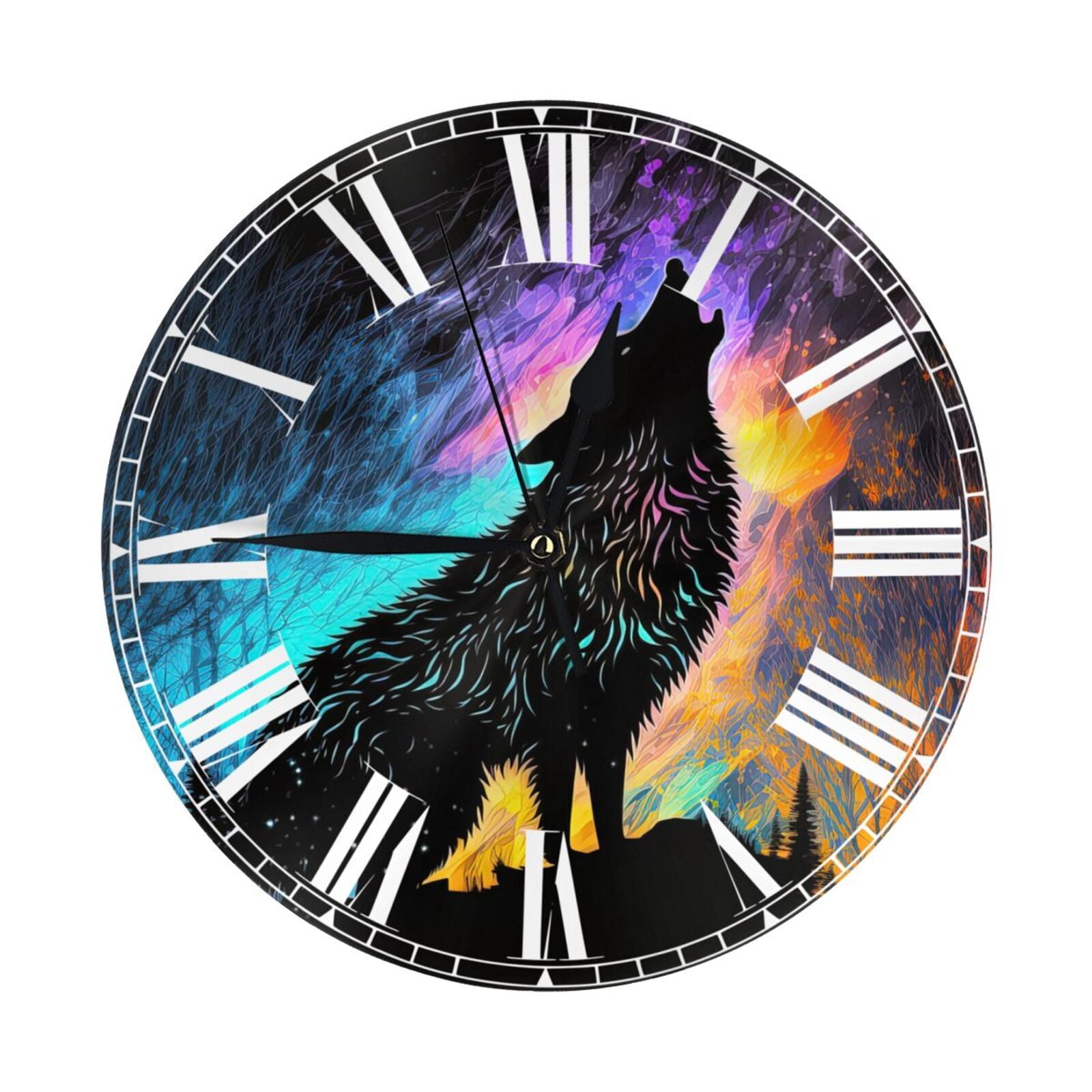 LNWH Silent Non Ticking Wall Clock, Raster Fantasy Abstraction Wolf ...