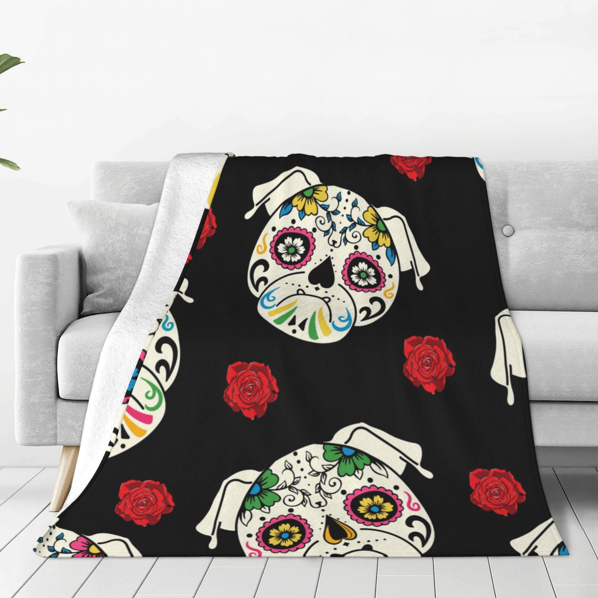 LNWH Skull Flower Folk Art Pattern Throw Blanket, Flannel Sofa Blankets ...