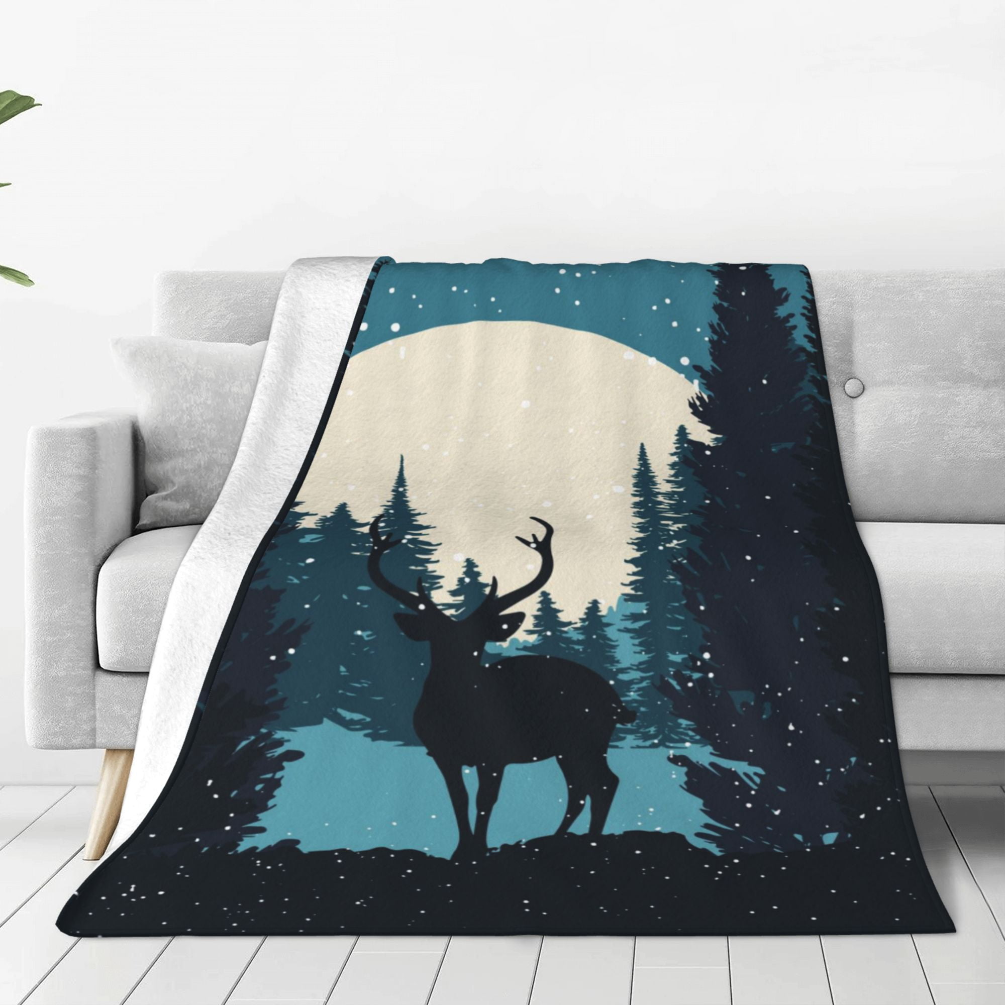 LNWH Snow Landscape Deer Silhouette Pattern Throw Blanket, Flannel Sofa ...