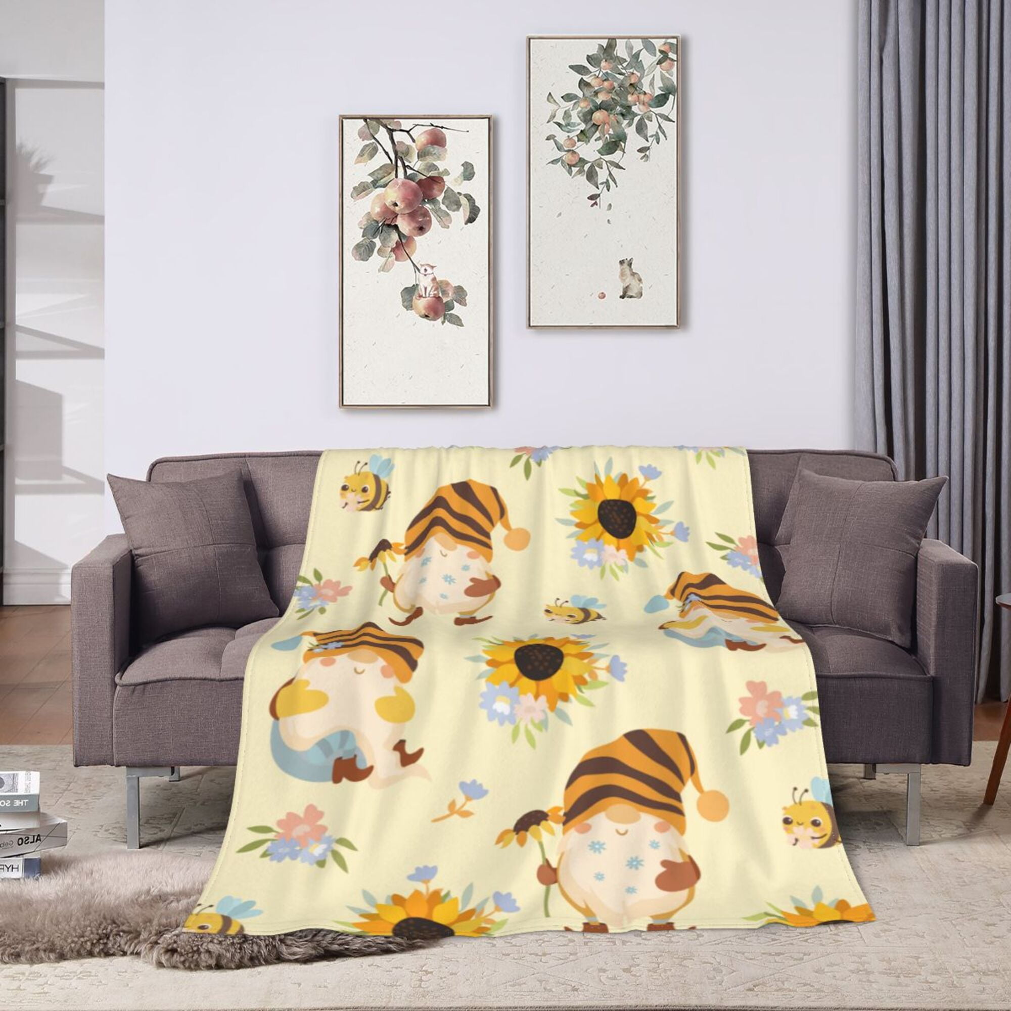 LNWH Sunflower Bee Elf Pattern Throw Blanket, Fluffy Soft Cozy Bed ...
