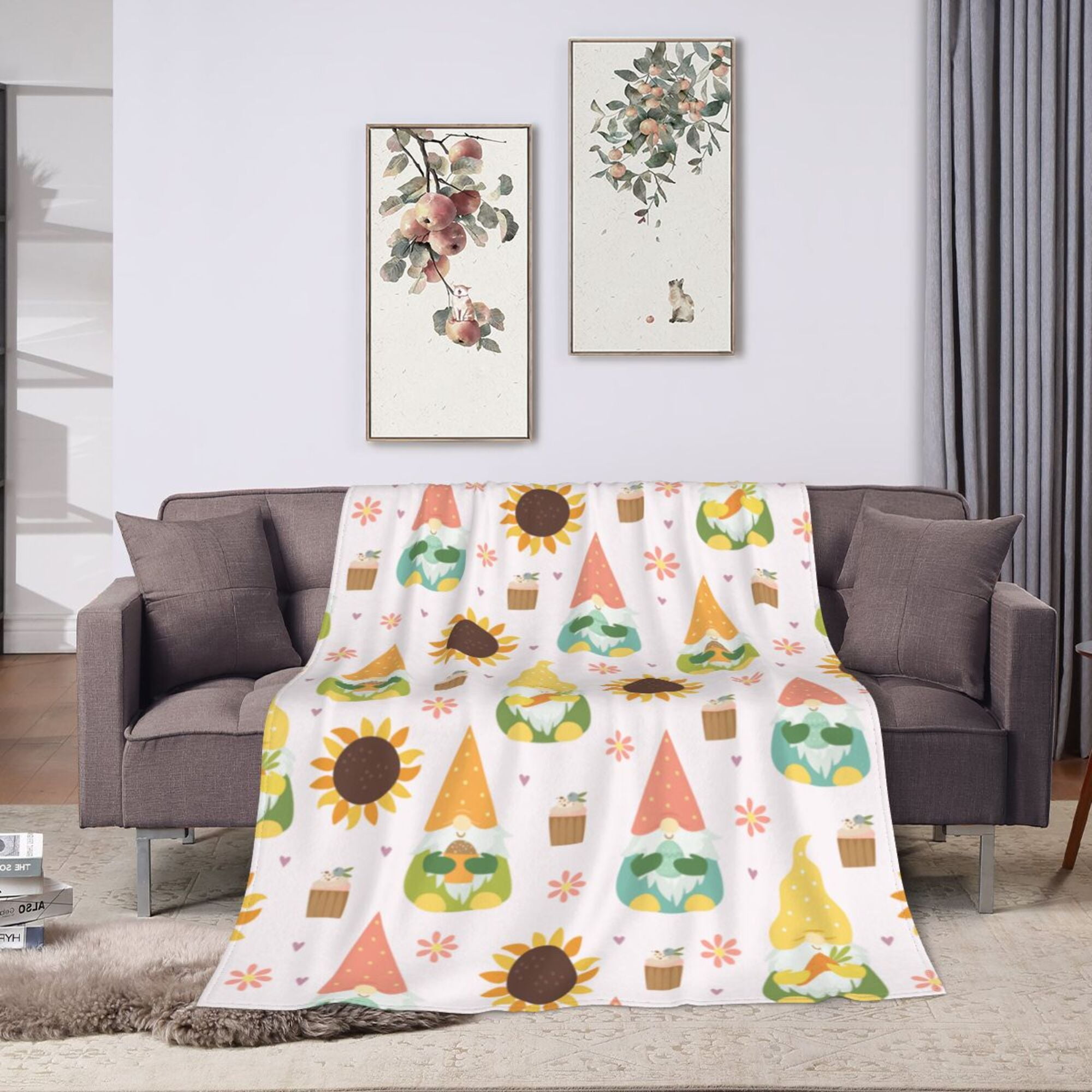 LNWH Sunflower Cute Elf Art Pattern Throw Blanket, Fluffy Soft Cozy Bed ...