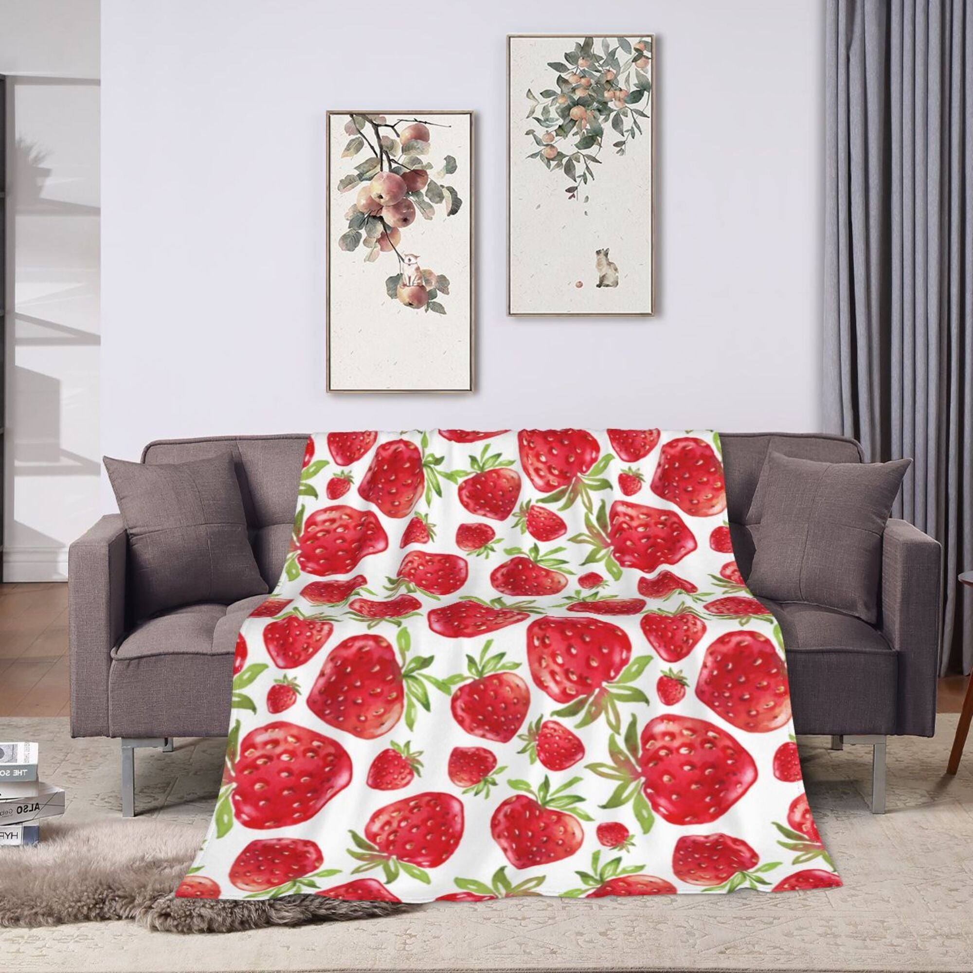 LNWH Watercolor Red Strawberry Pattern Throw Blanket, Fluffy Soft Cozy ...