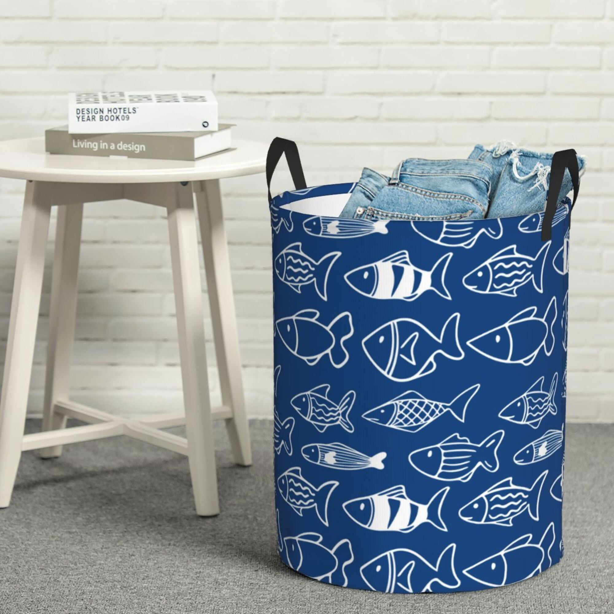 LNWH Waterproof Laundry Basket with Handles, Blue Seamless Doodle Fish ...