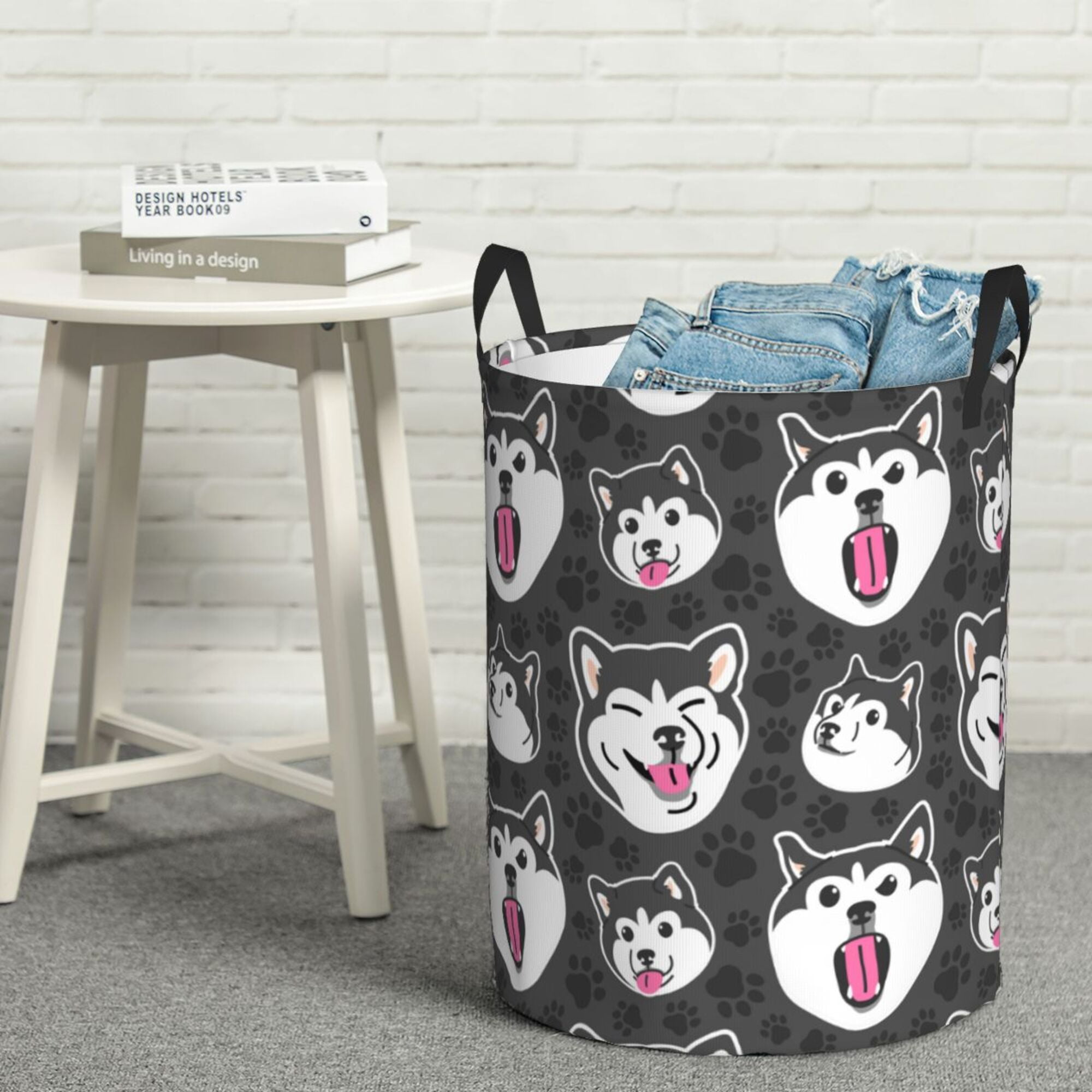 LNWH Waterproof Laundry Basket with Handles, Cute Husky Dog Cartoon ...