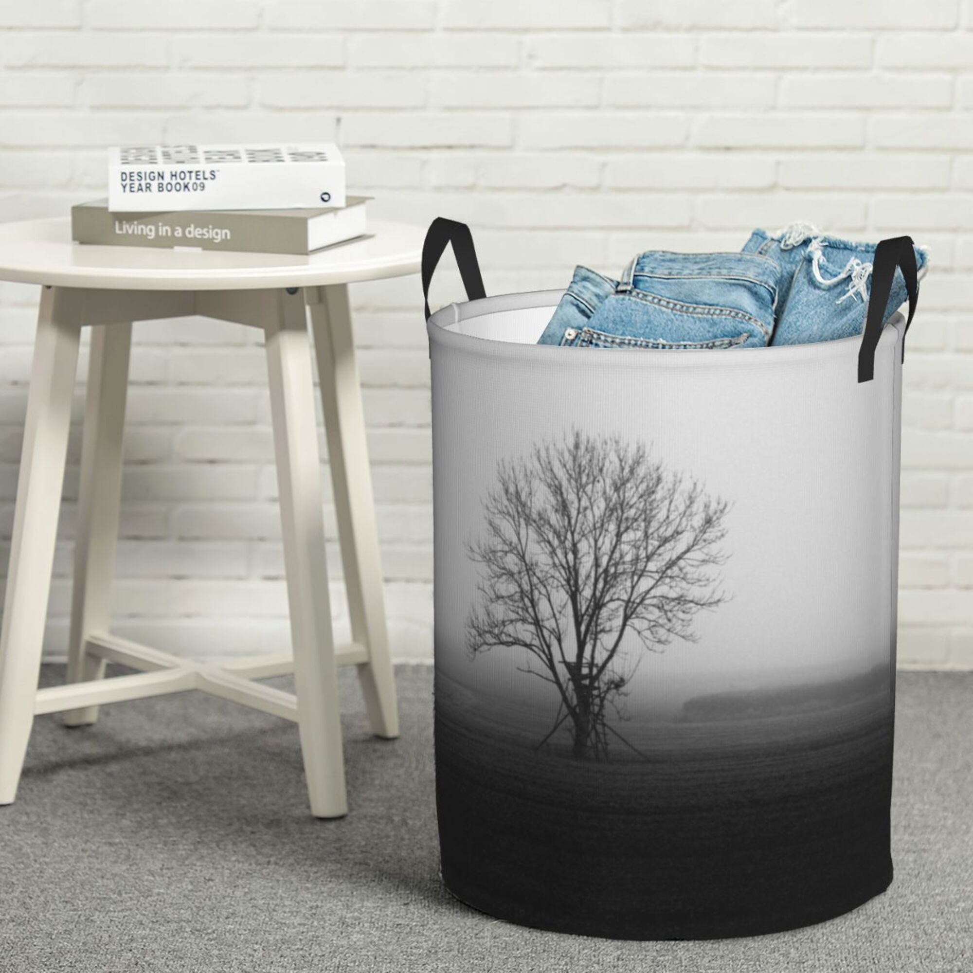 LNWH Waterproof Laundry Basket with Handles, Garden Trees Gray Pattern ...
