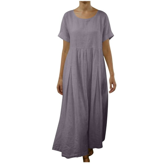 LNWUY Cotton Linen Dress for Women Crew Neck Short Sleeve Flowy Casual ...